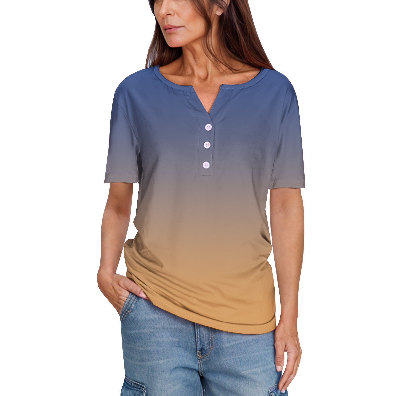 Casual Gradient Color T Shirts for Women Three Quarter Length V Neck ...
