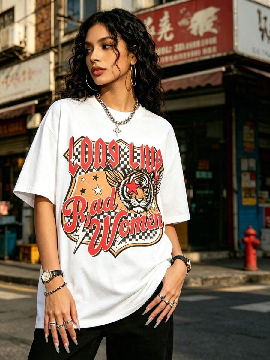 Casual Graphic Print T-Shirt with Tiger Wing Design, White, 1 Pack ...