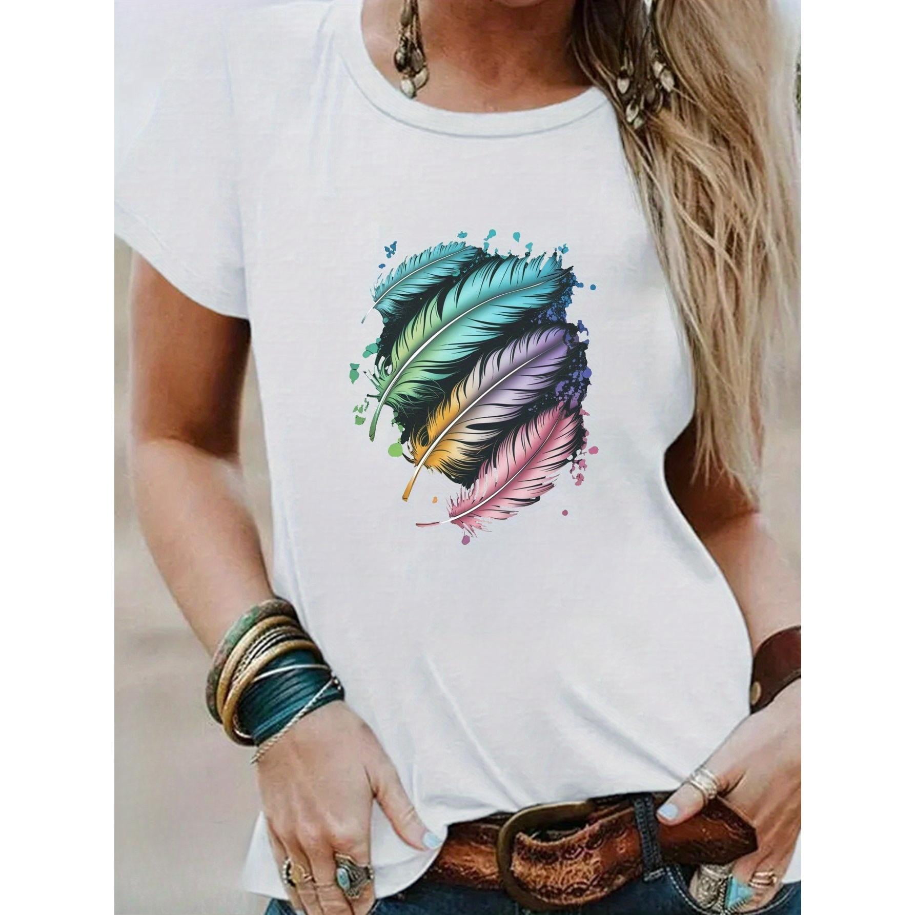 Casual Graphic Tee,Tops Has Colorful Feathers With Geometric Print ...