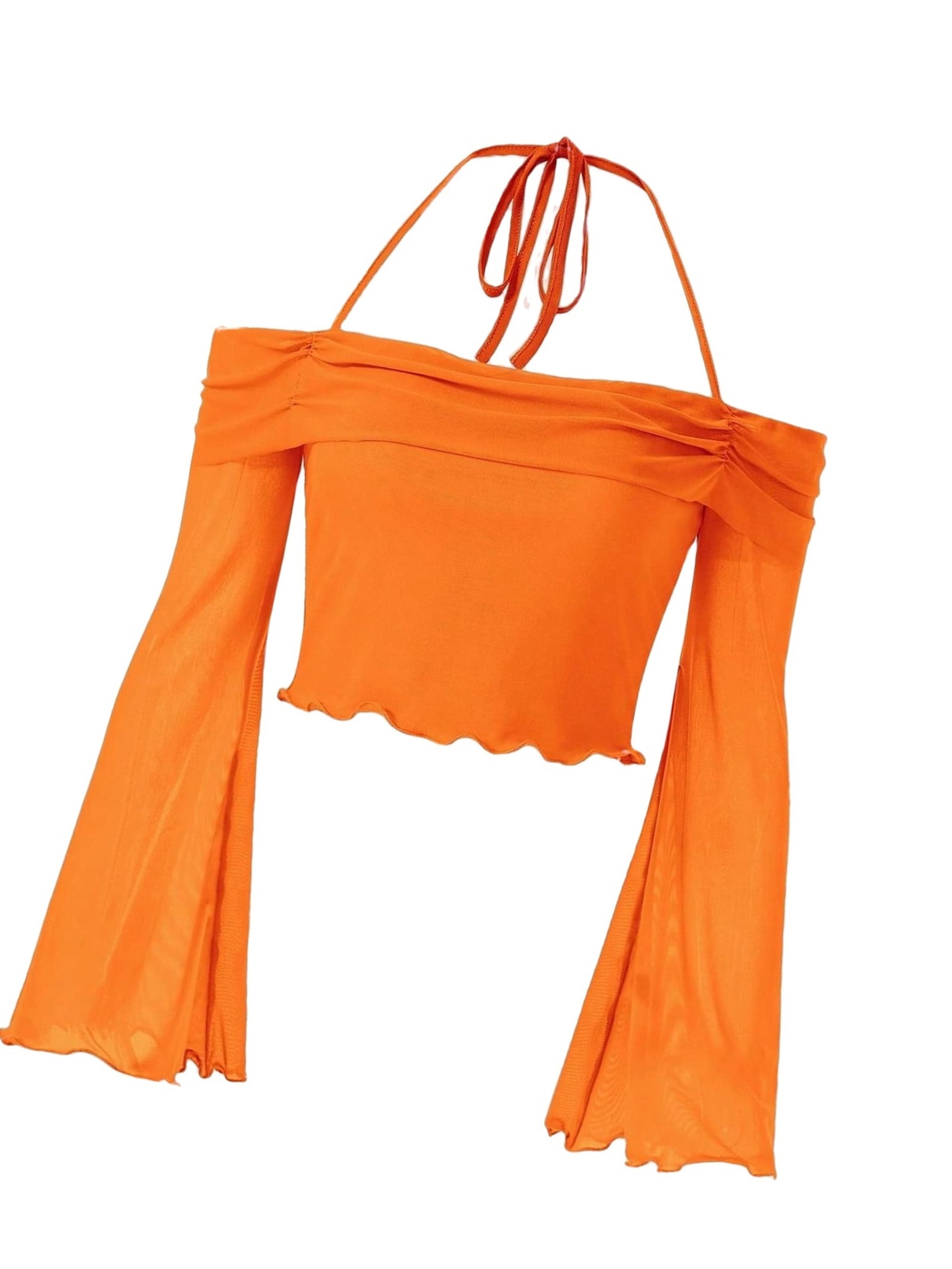 Casual Halter Long Sleeve Orange Womens Mesh Tops (Women's) - Walmart.com