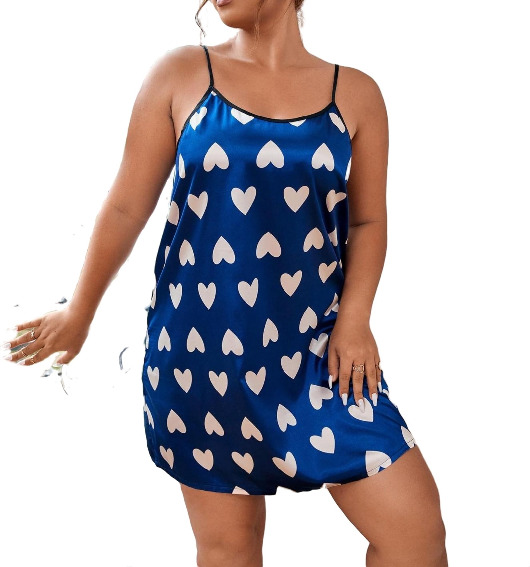 Casual Heart Print Spaghetti Strap Slip Dress Sleeveless Blue Plus Size ...