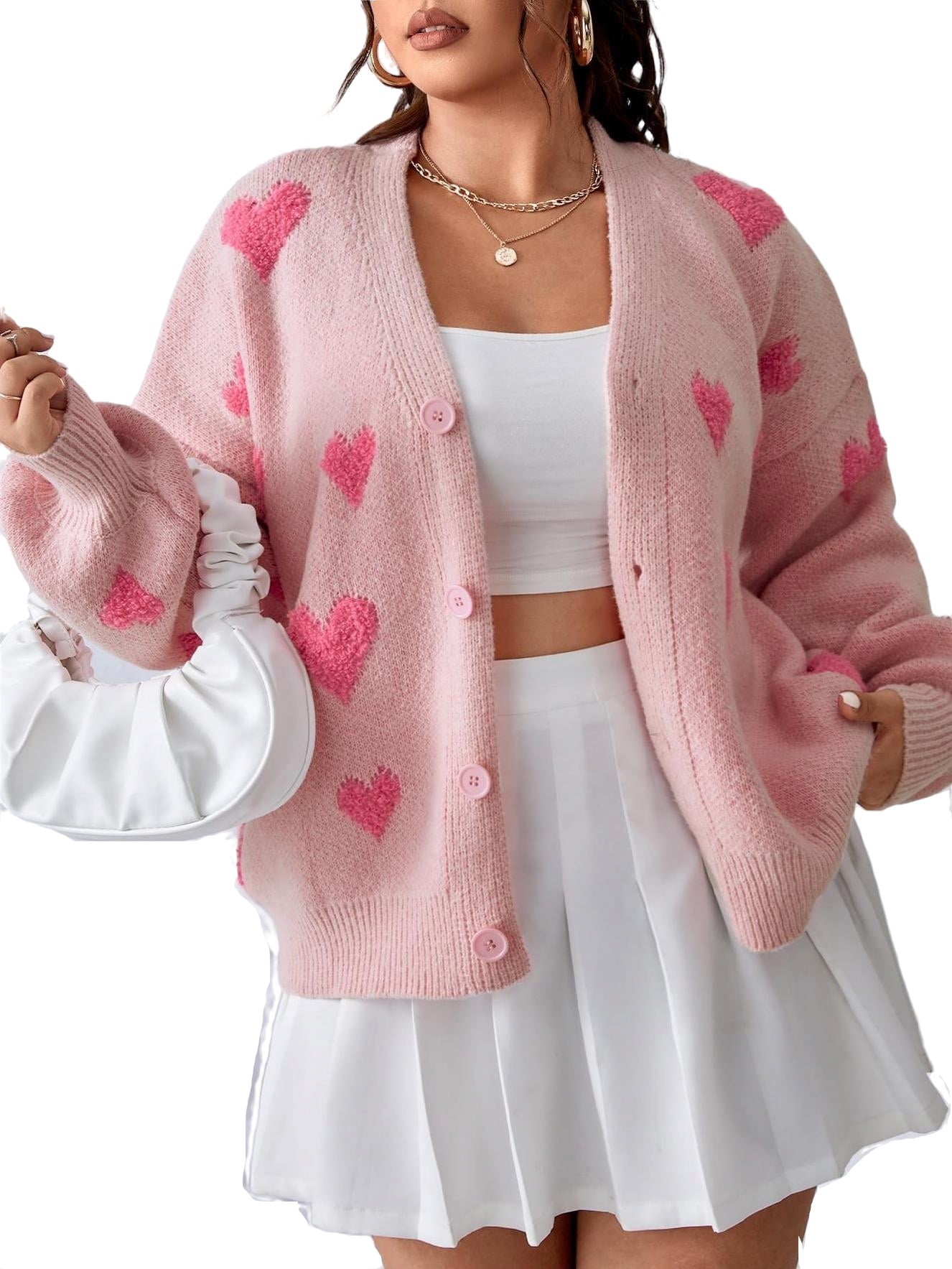 Casual Heart Print V neck Coat Long Sleeve Baby Pink Plus Size ...