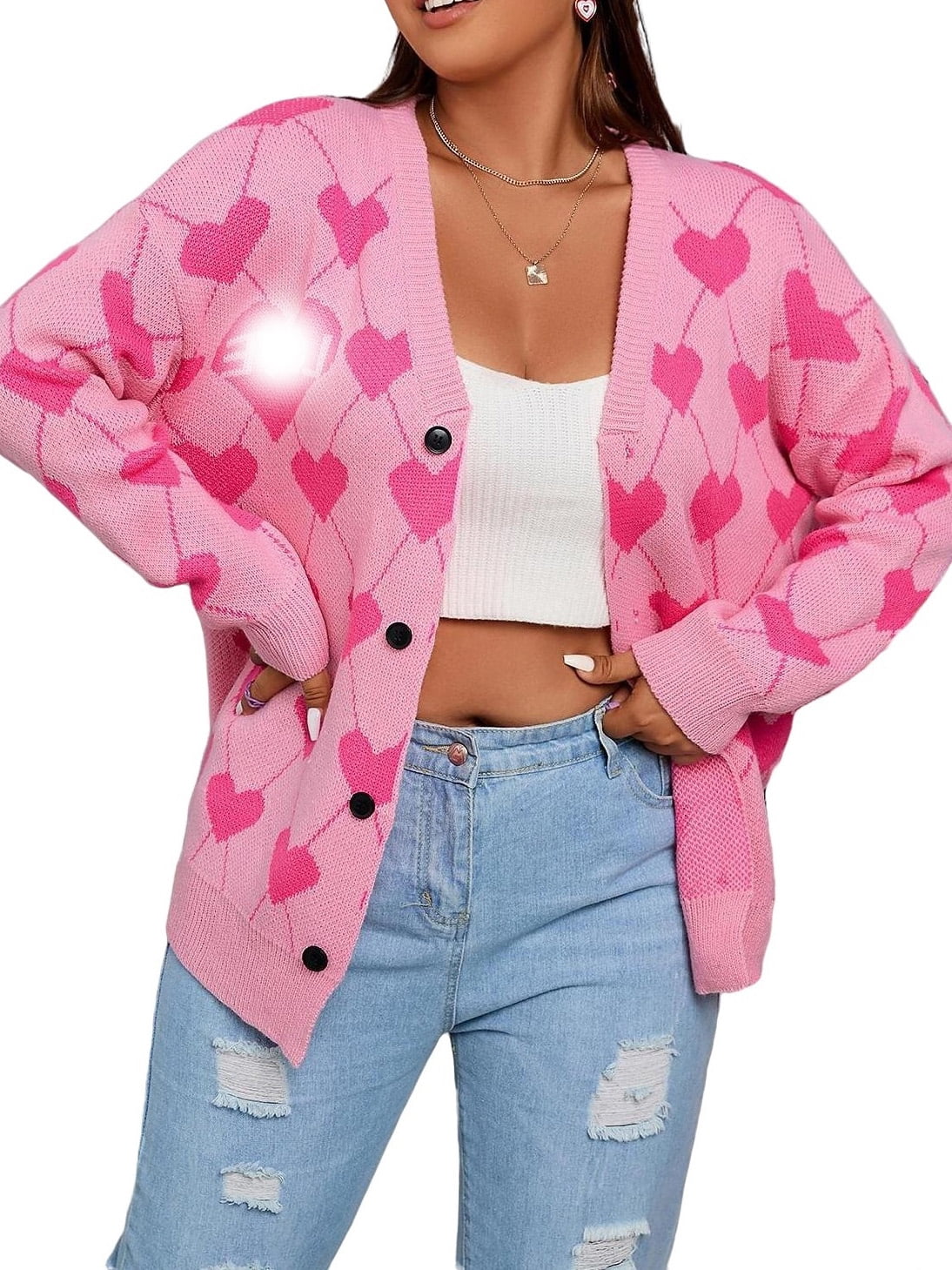 Casual Heart Print V Neck Coat Long Sleeve Pink Plus Size Cardigans Womens Plus