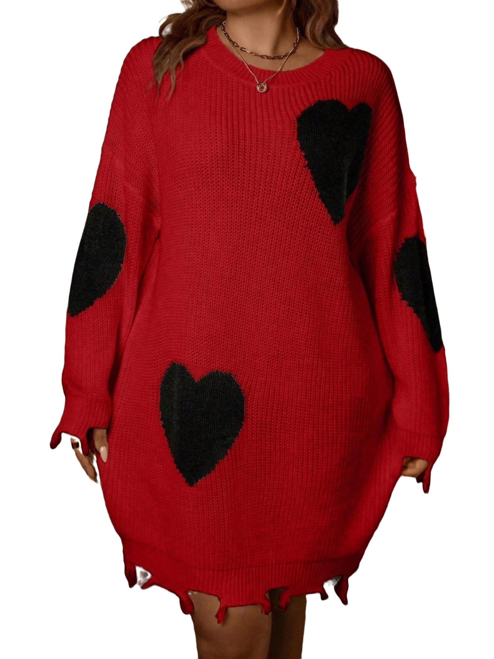 Casual Heart Round Neck Long Sleeve Red Plus Size Sweater Dresses ...