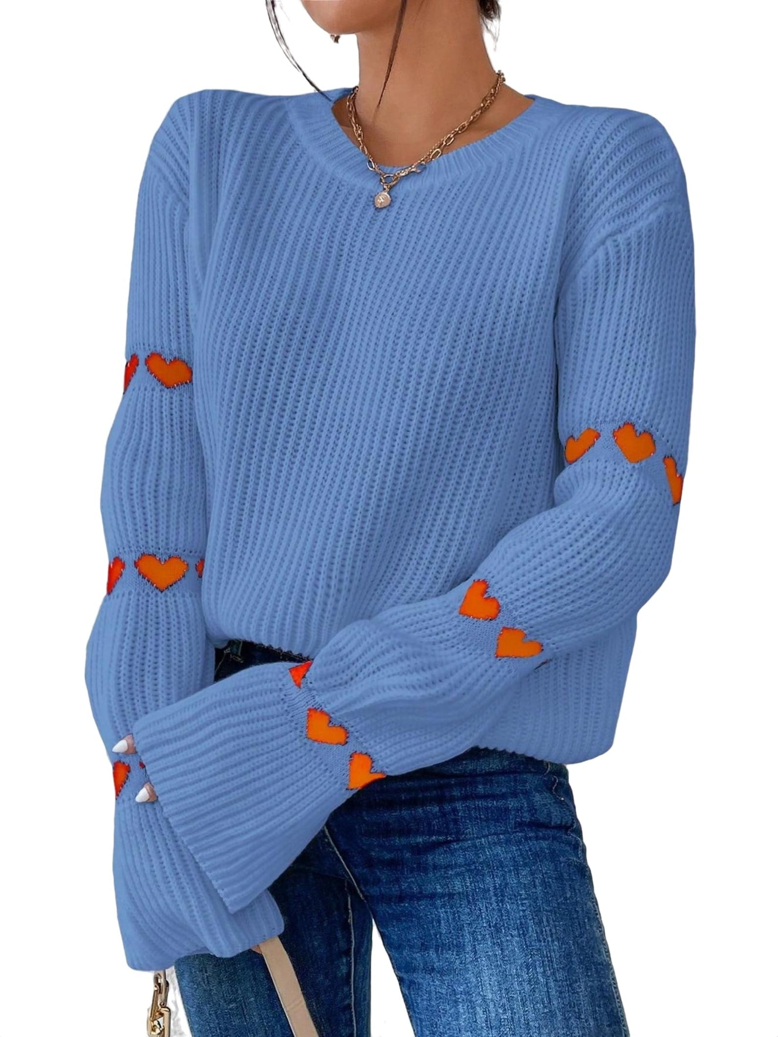 Casual Heart Round Neck Pullovers Wrist-Length Sleeve Blue Women ...