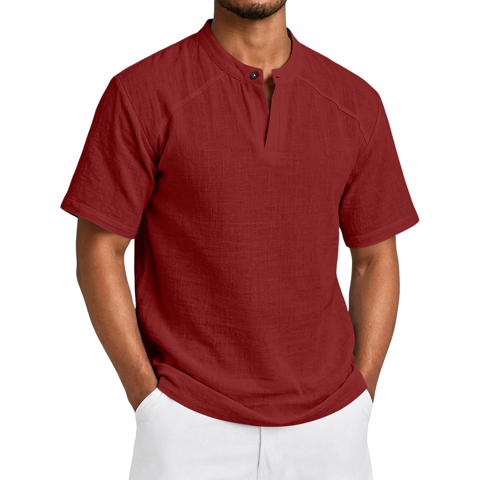 Casual Henley Shirts for Men Cotton Linen Short Sleeve Band Collar ...