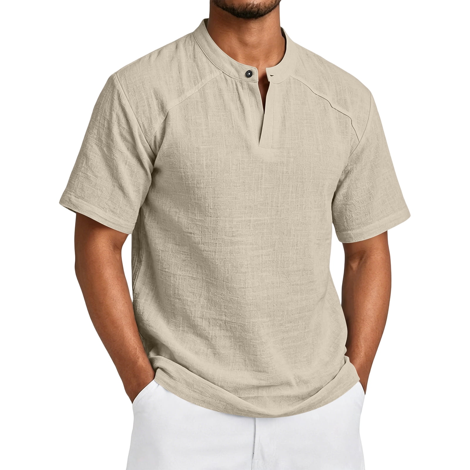 Casual Henley Shirts for Men Cotton Linen Short Sleeve Band Collar ...