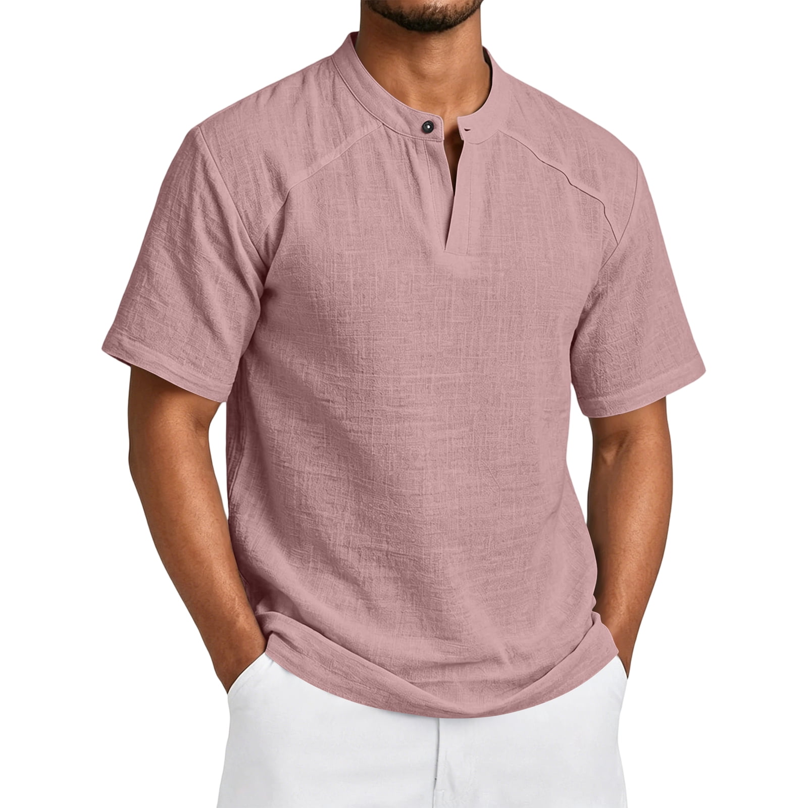 Casual Henley Shirts for Men Cotton Linen Short Sleeve Band Collar ...