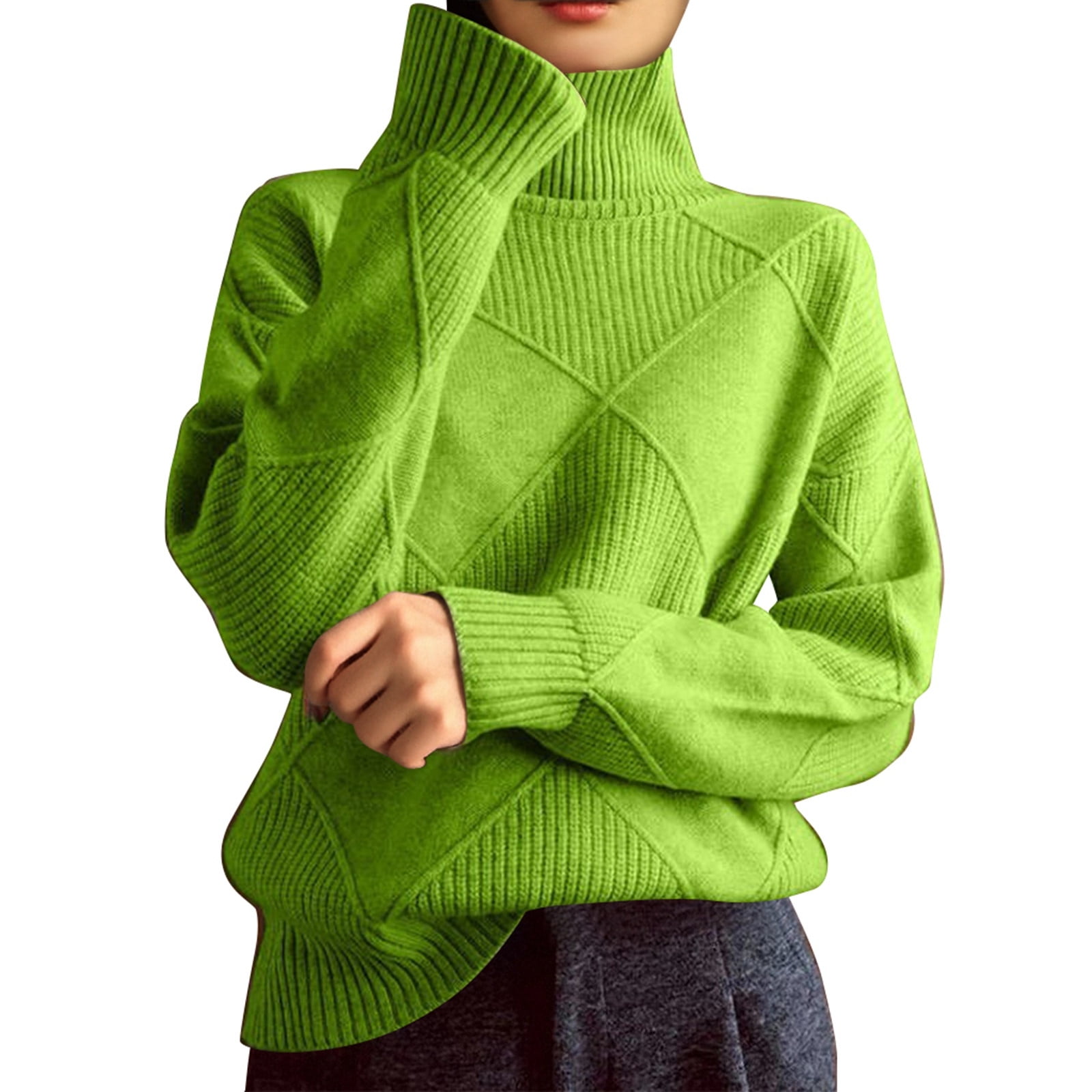 Casual High Neck Oversized Cable Knit Sweater – Women's Solid Color ...