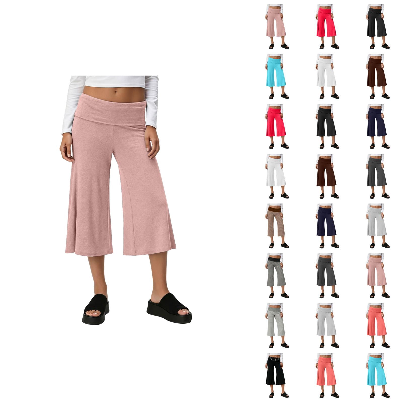 Casual High Waist Wide Leg Cropped Pants Pure Color Loose Fit Athletic ...