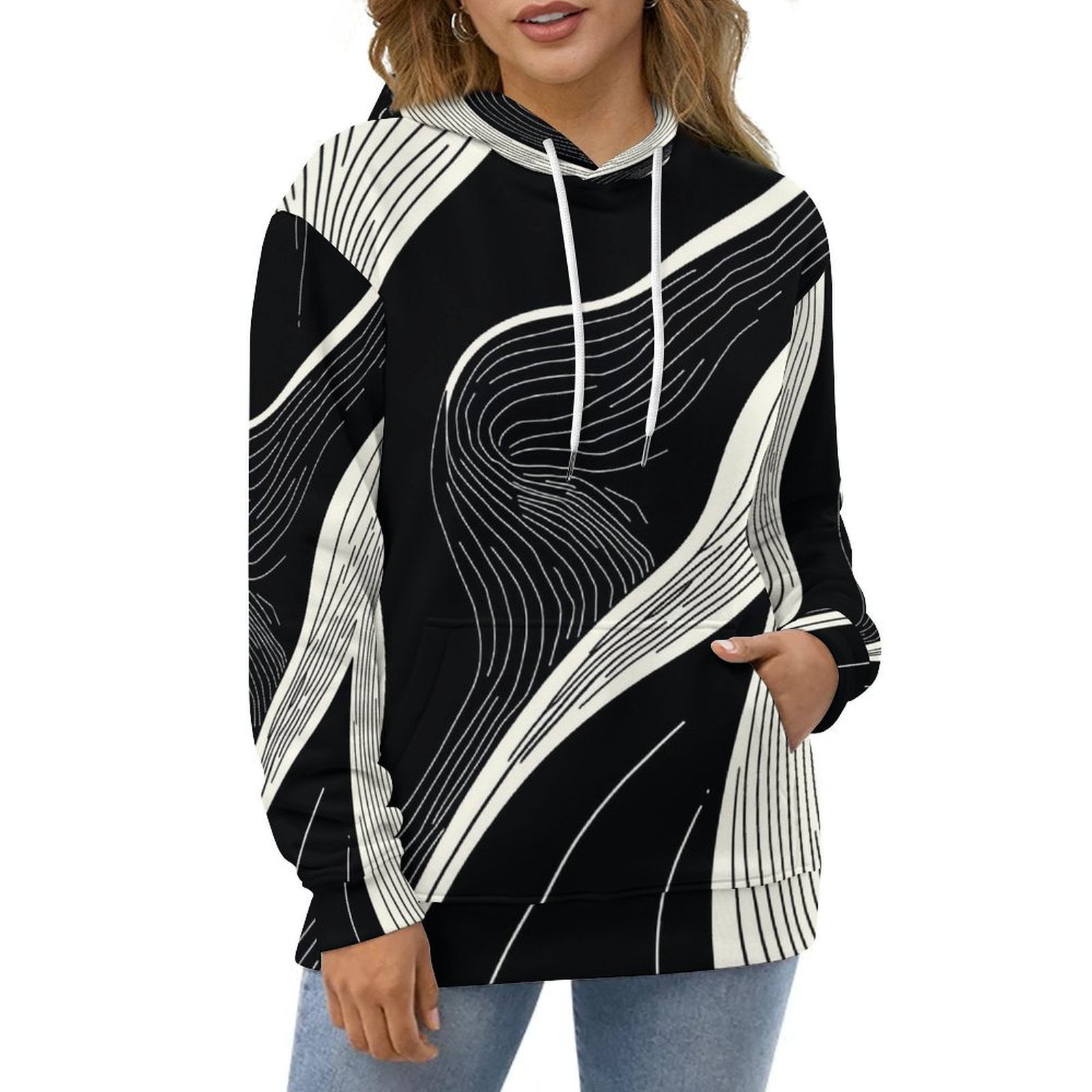 Casual Hoodies Abstract Black White Lines Lady Long-Sleeve Classic ...