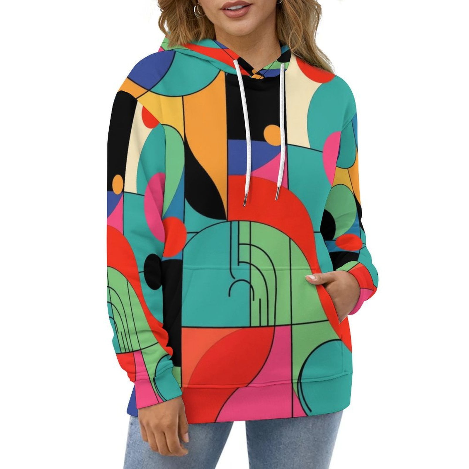 Casual Hoodies Abstract Colorful Shapes Lady Long-Sleeve Classic Design ...