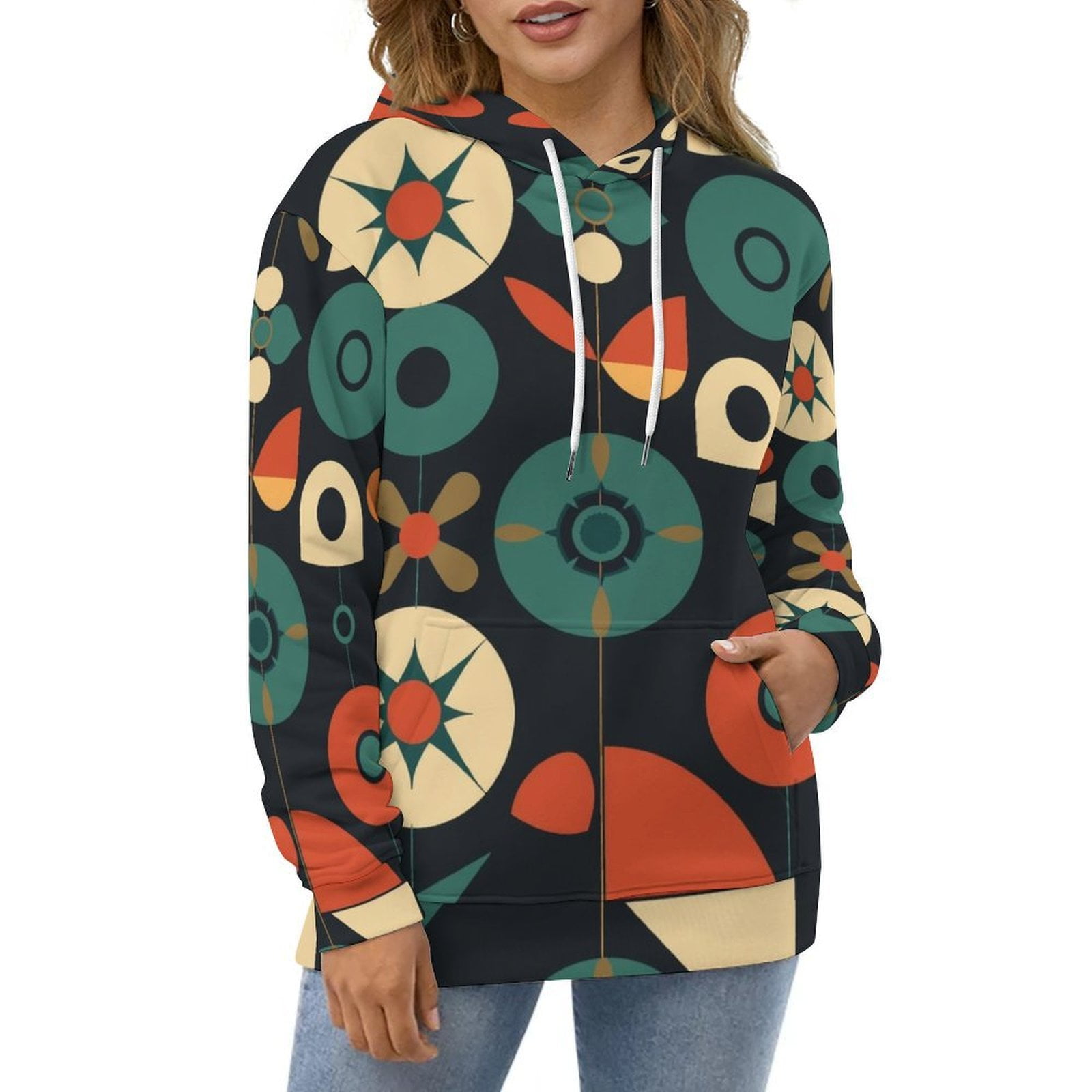 Casual Hoodies Abstract Lines1 Lady Long-Sleeve Classic Design Loose ...