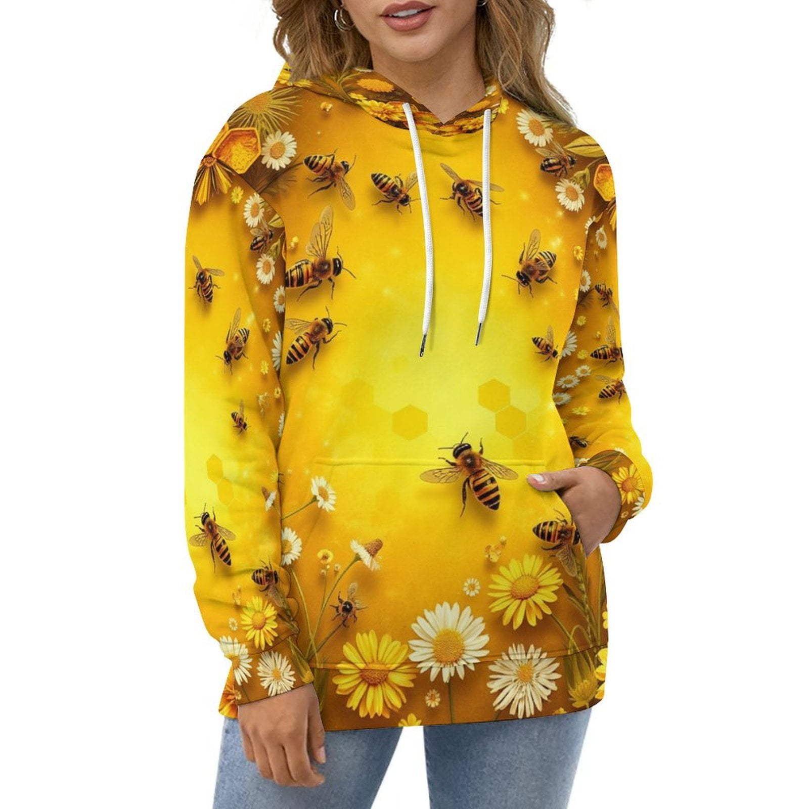 Casual Hoodies Bees Golden Flowers Lady Long-Sleeve Classic Design Loose Oversize Hooded ...