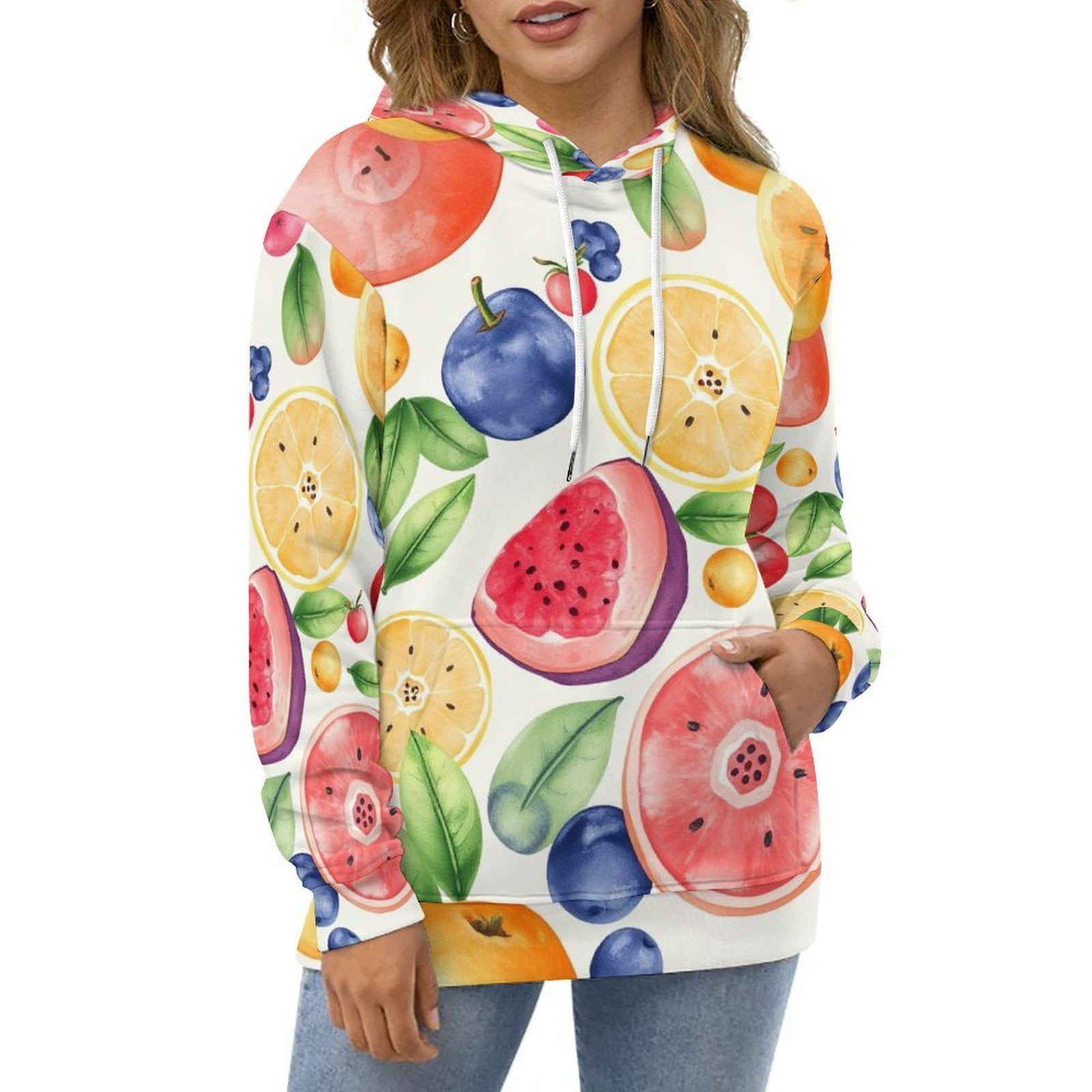 Casual Hoodies Colorful Fruit Pattern Lady Long-Sleeve Classic Design ...