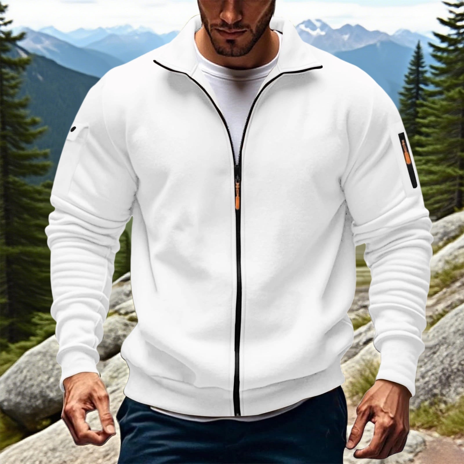 Casual Jackets for Men White Zip Up Plain Jacket Long Sleeve ...