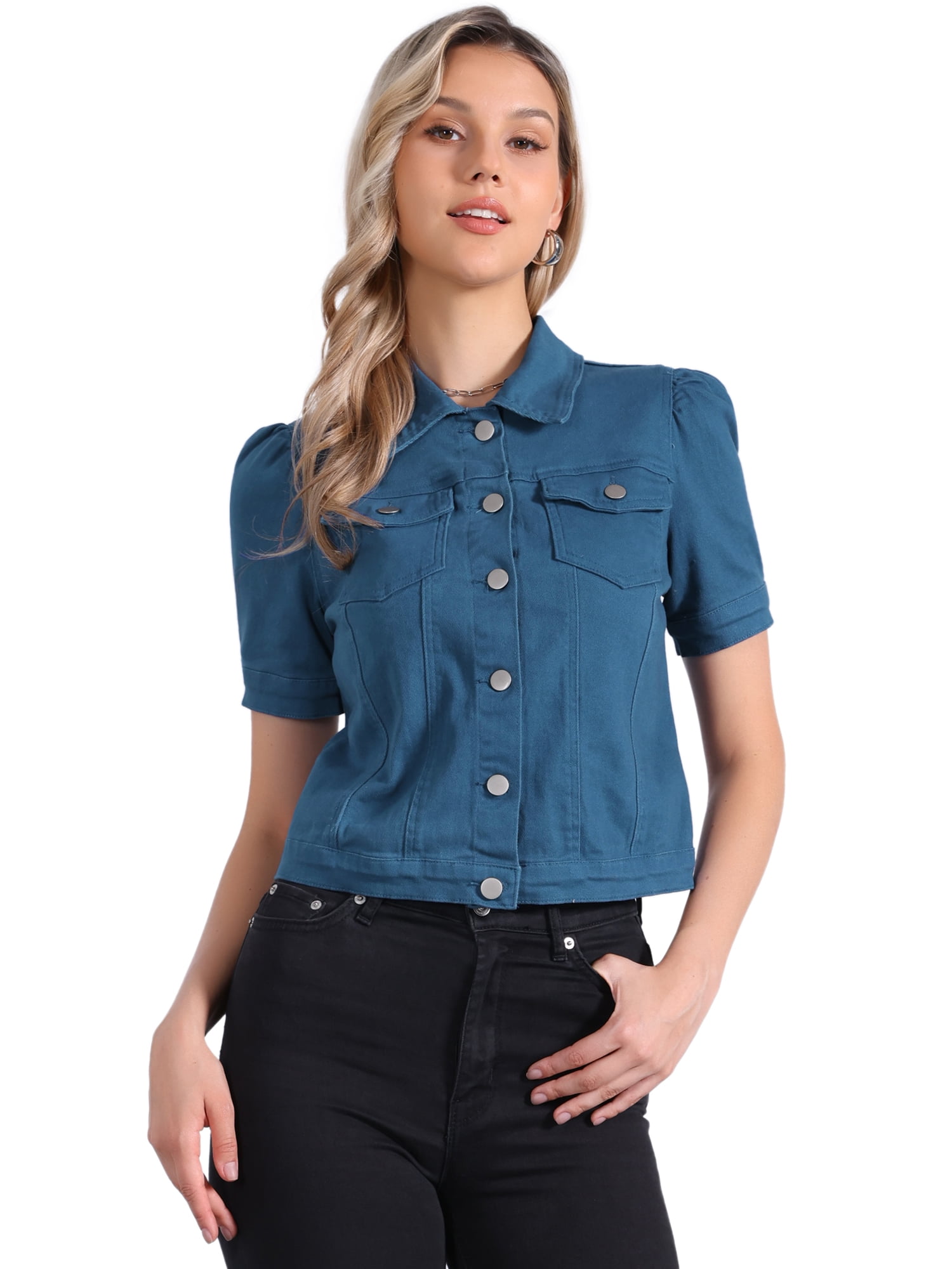 INSPIRE CHIC Women's Denim Jacket Short Puff Sleeves Turndown Collar ...