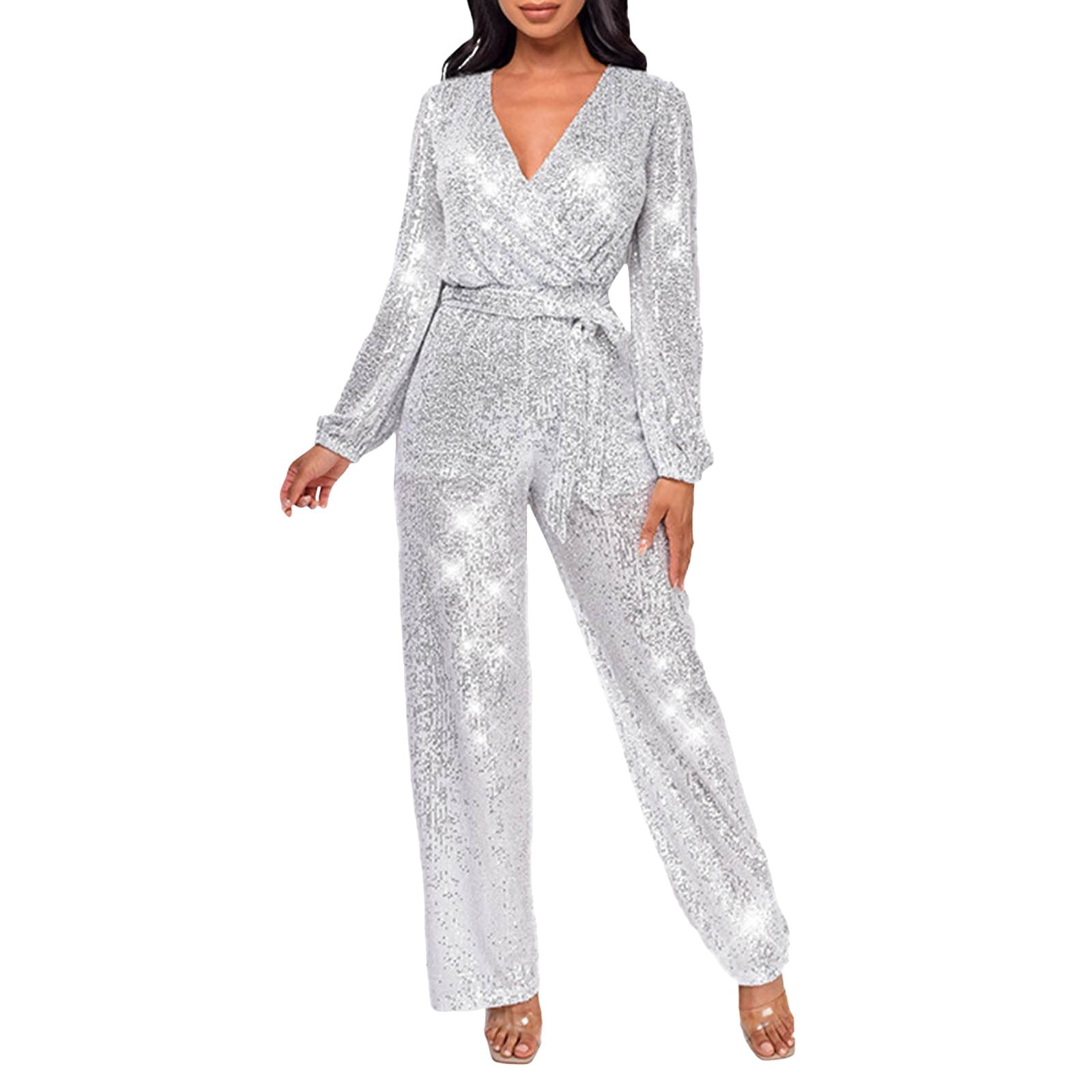 Casual Jumpsuit Long Sleeve Belted Sequin Jumpsuit Wide Pants Jumpsuits ...