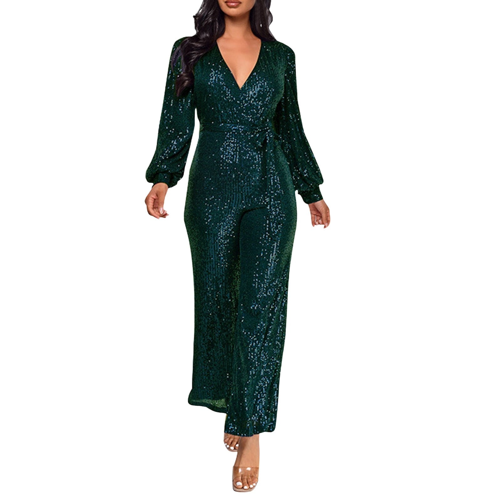Casual Jumpsuit Long Sleeve Belted Sequin Jumpsuit Wide Pants Jumpsuits ...