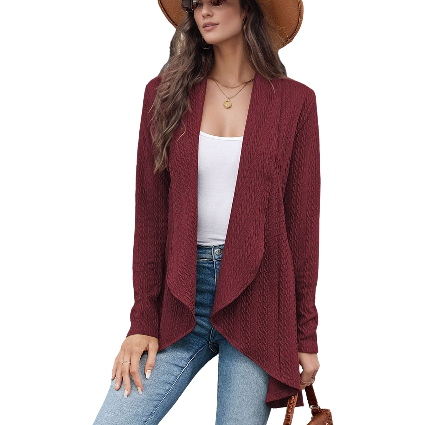 Casual Knit Cardigan Wine Red S as shown in the picture - Walmart.com