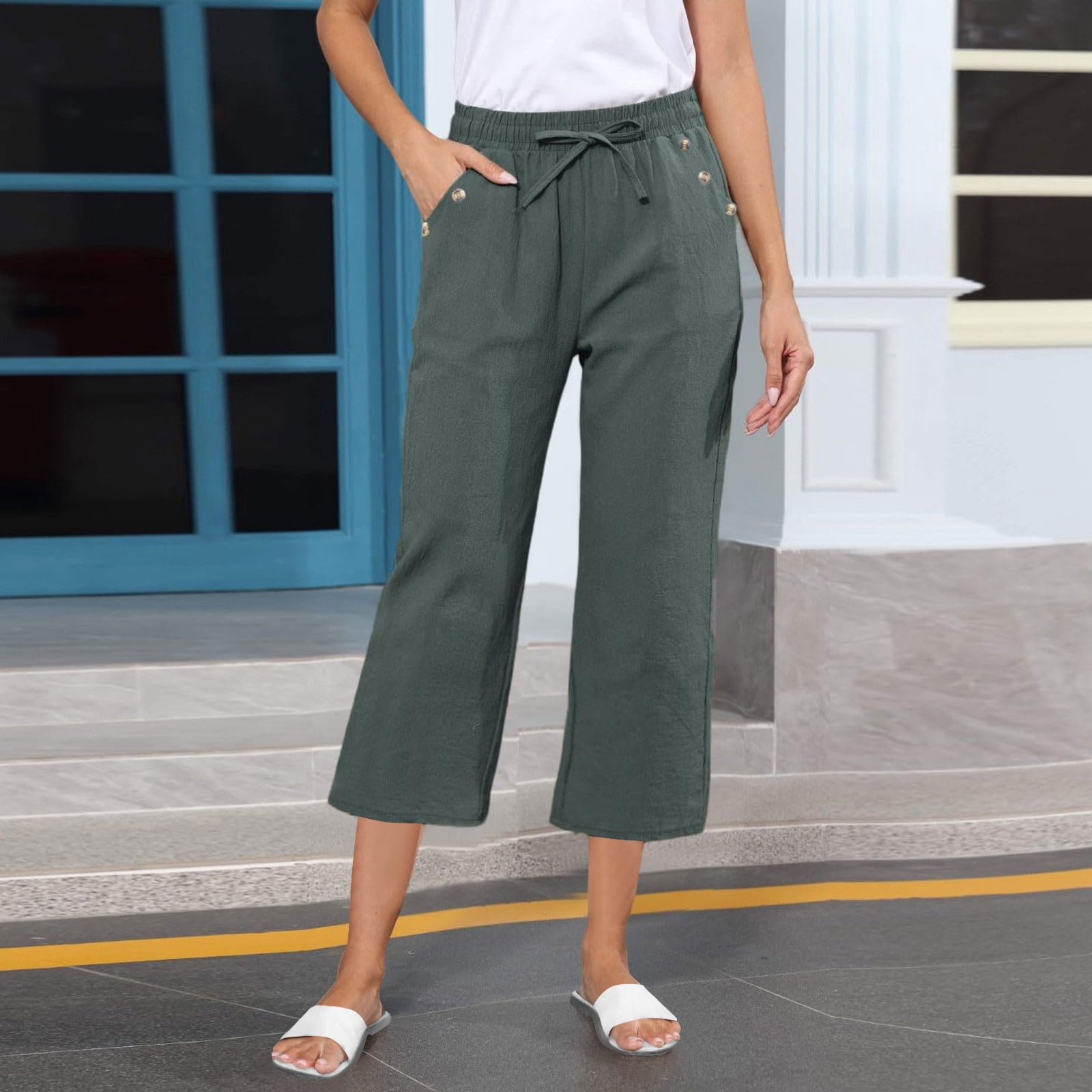 Casual Ladies Capris Linen Pants for Women High Waisted Wide Leg Capris ...