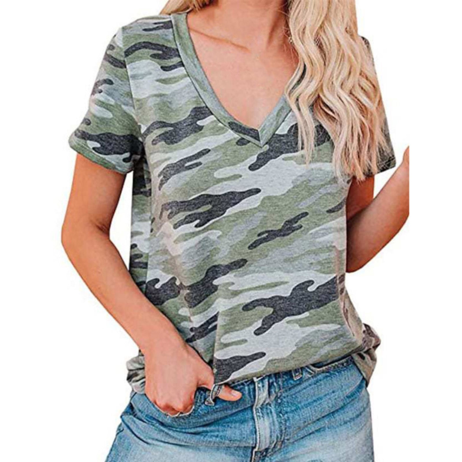 Casual Leopard Print Camo Print V Neck Short Sleeve T Shirt Women Shirt ...