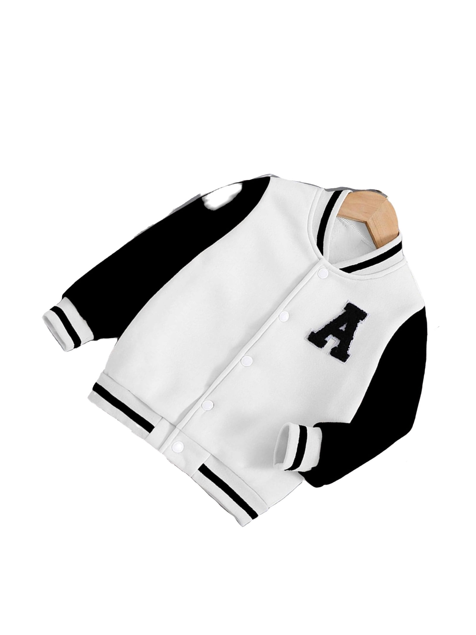 Casual Letter Print Baseball Collar Varsity Long Sleeve Black and White ...