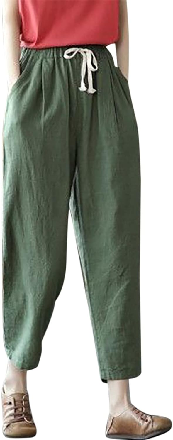 Casual Linen Baggy Capri Harem Pants for Women Tapered Wide Leg Joggers ...