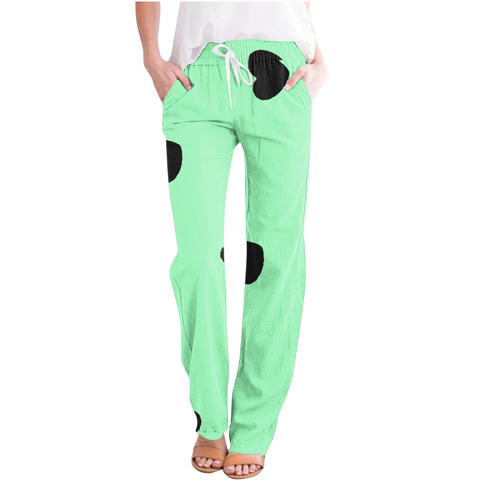 Casual Linen Pants For Women Heart Print Drawstring Elastic Waisted