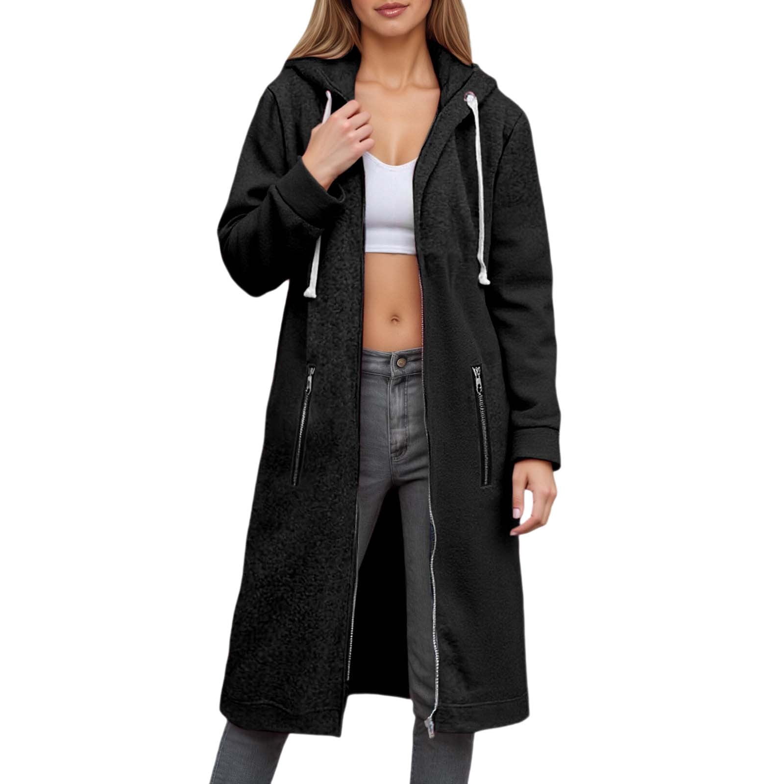 Casual Long Jacket for Women, Mid-Length Zip Up Hoodie with Hood and ...