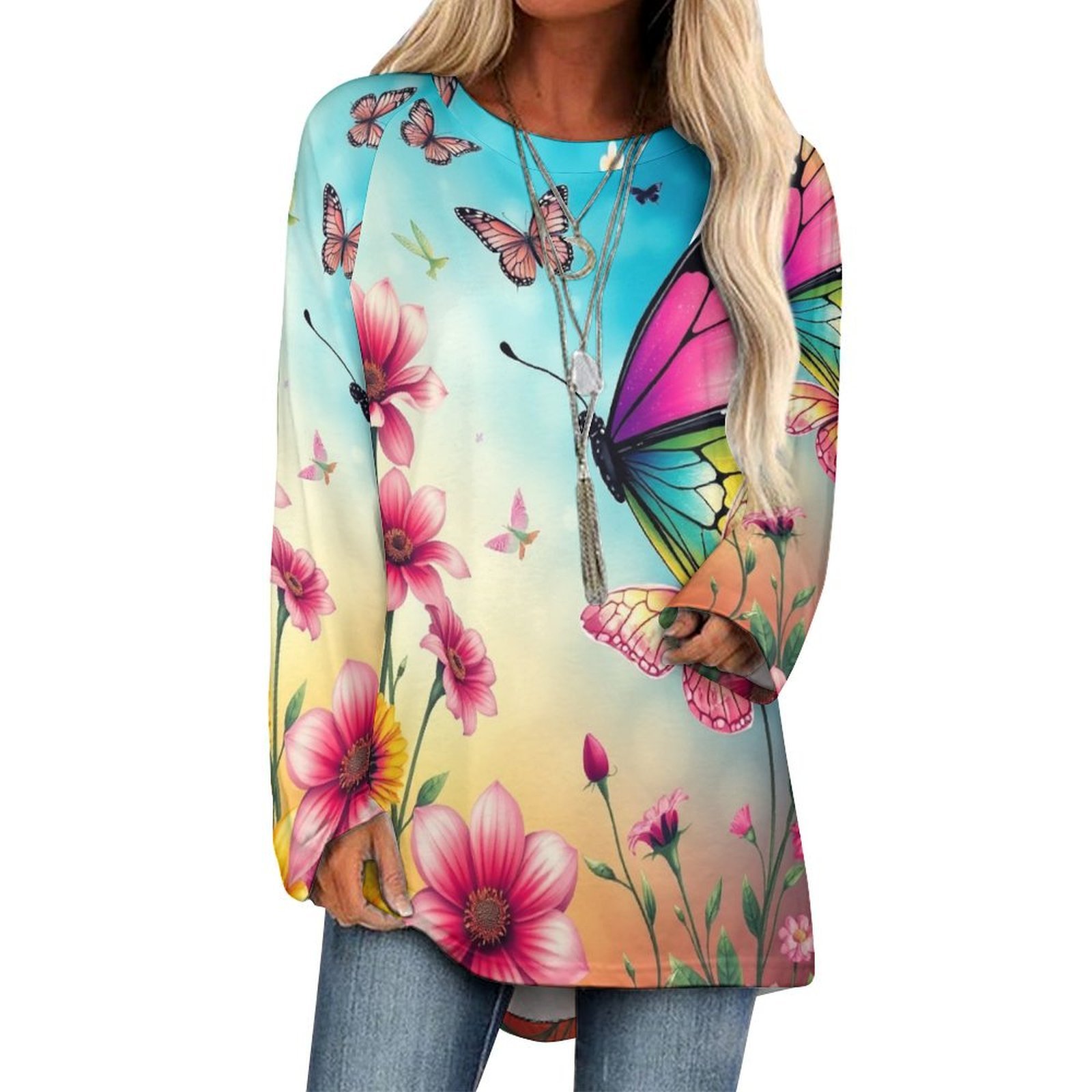 Casual Long Sleeve Crew Neck T-Shirt Women's Beautiful Butterfly ...