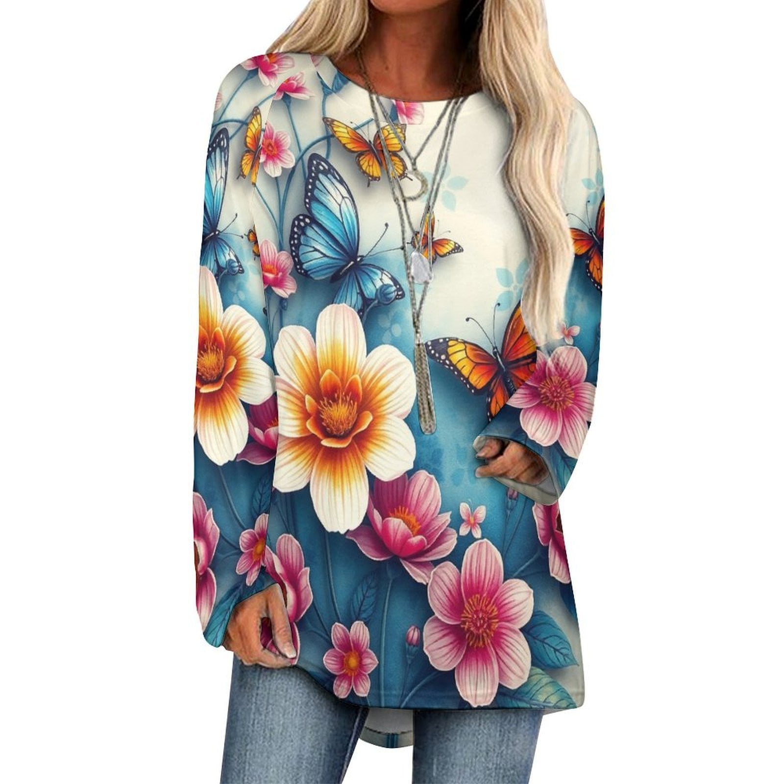 Casual Long Sleeve Crew Neck T-Shirt Women's Butterflies Flowers Art ...