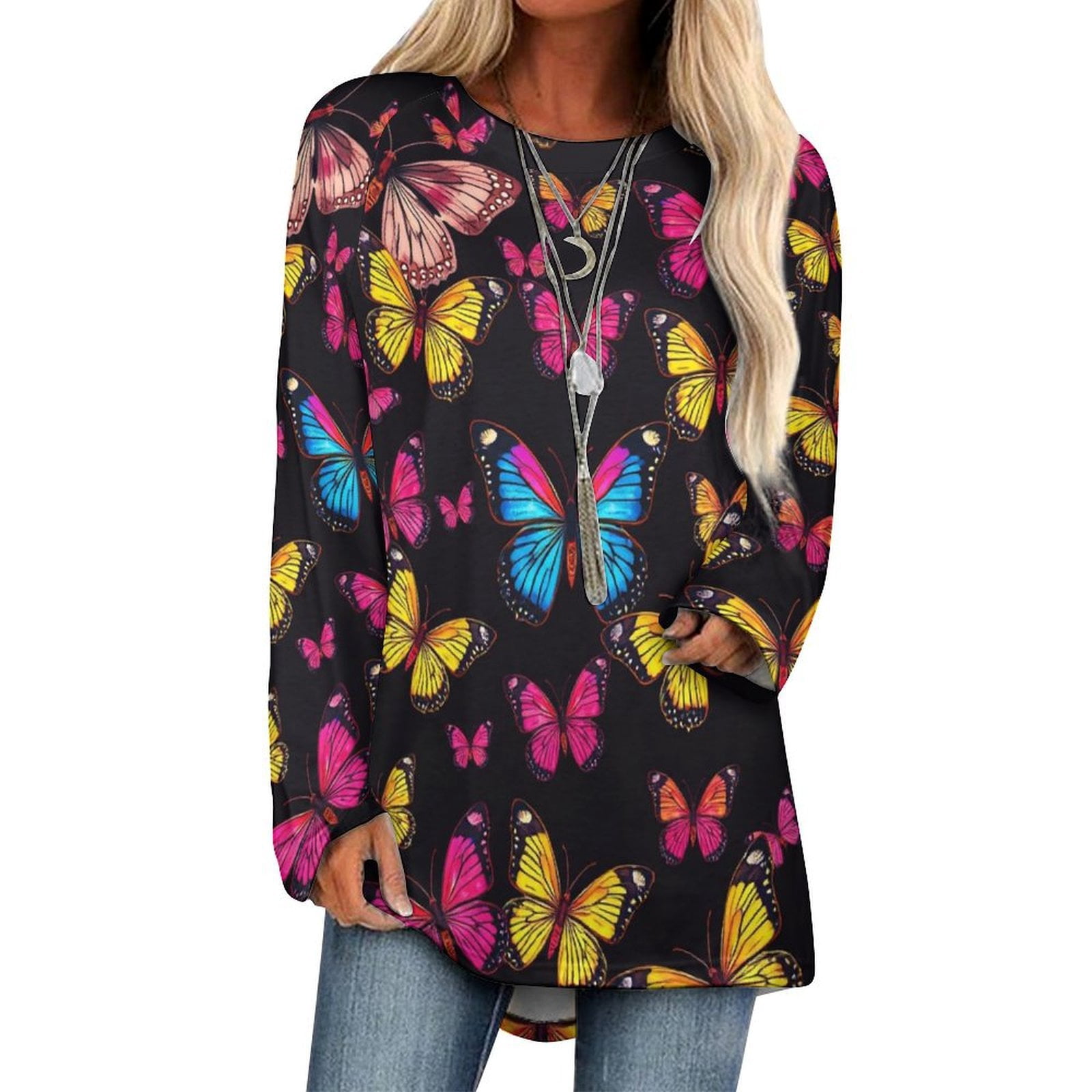 Casual Long Sleeve Crew Neck T-Shirt Women's Enchanting Butterfly ...