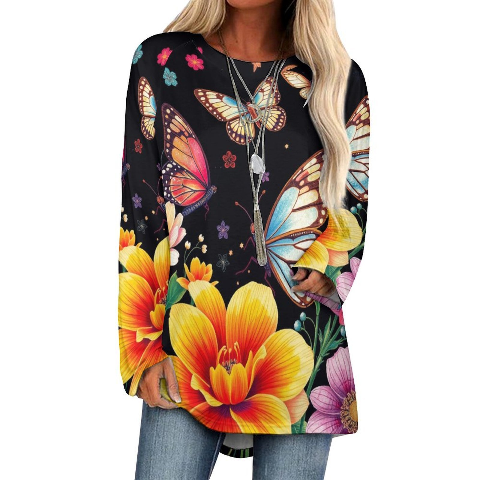 Casual Long Sleeve Crew Neck T-Shirt Women's Floral Butterfly Art ...