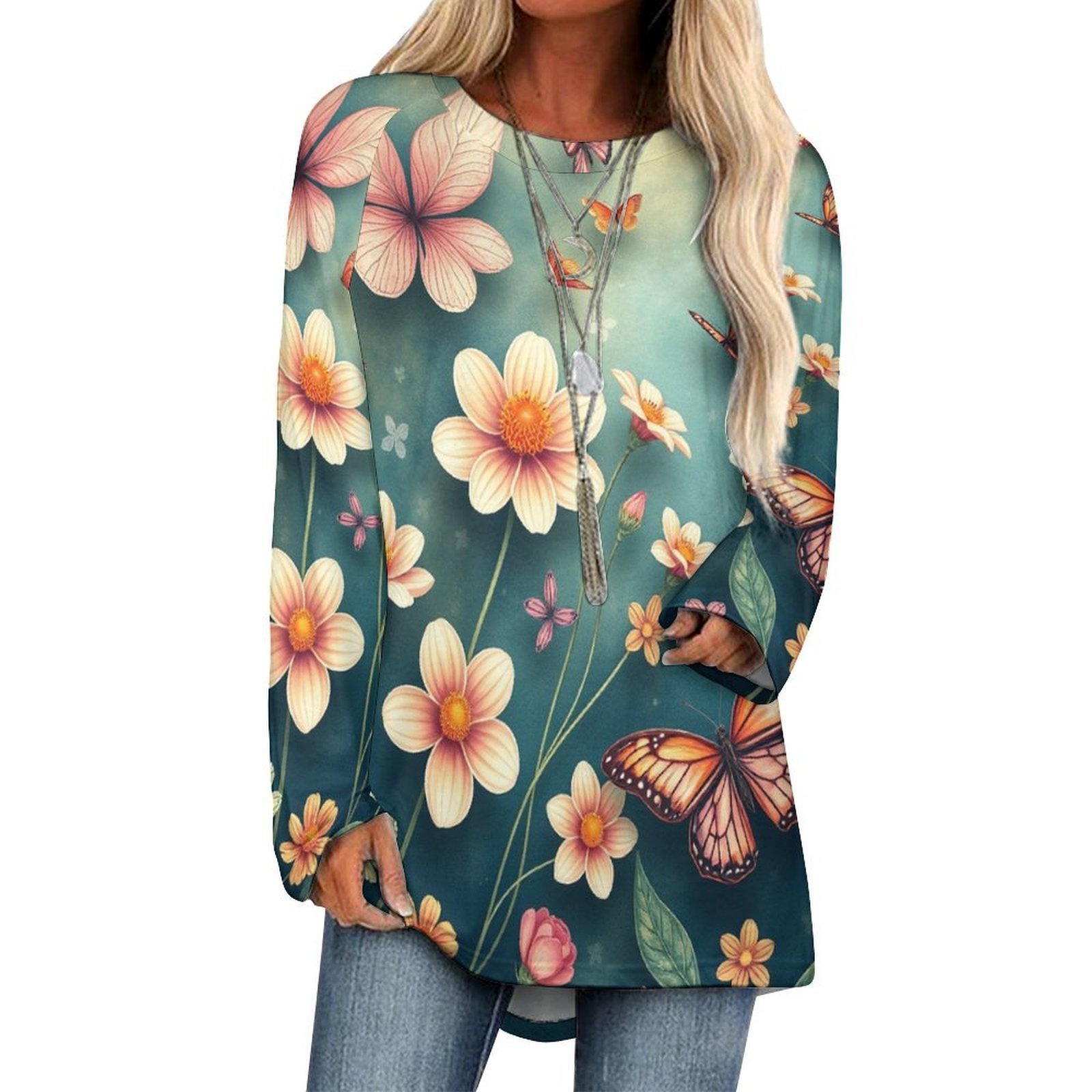 Casual Long Sleeve Crew Neck T-Shirt Women's Floral Butterfly Garden ...