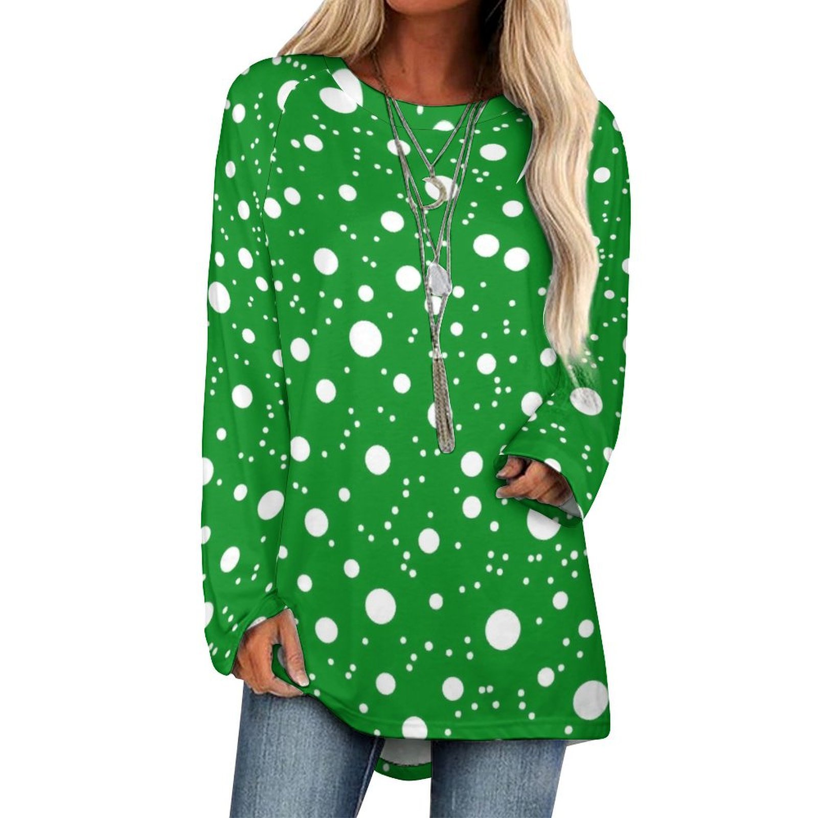 Casual Long Sleeve Crew Neck T-Shirt Women's Green White Polka Dots ...
