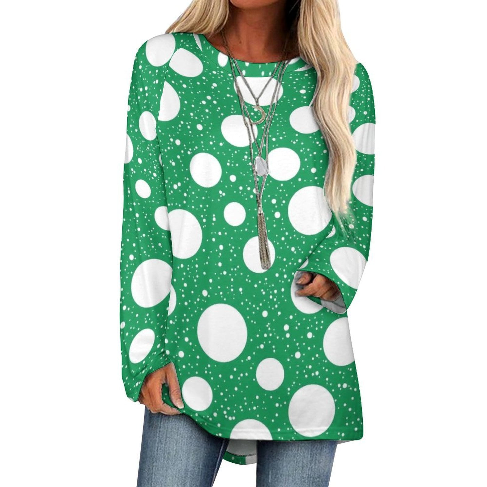Casual Long Sleeve Crew Neck T-Shirt Women's Green White Polka Dots ...