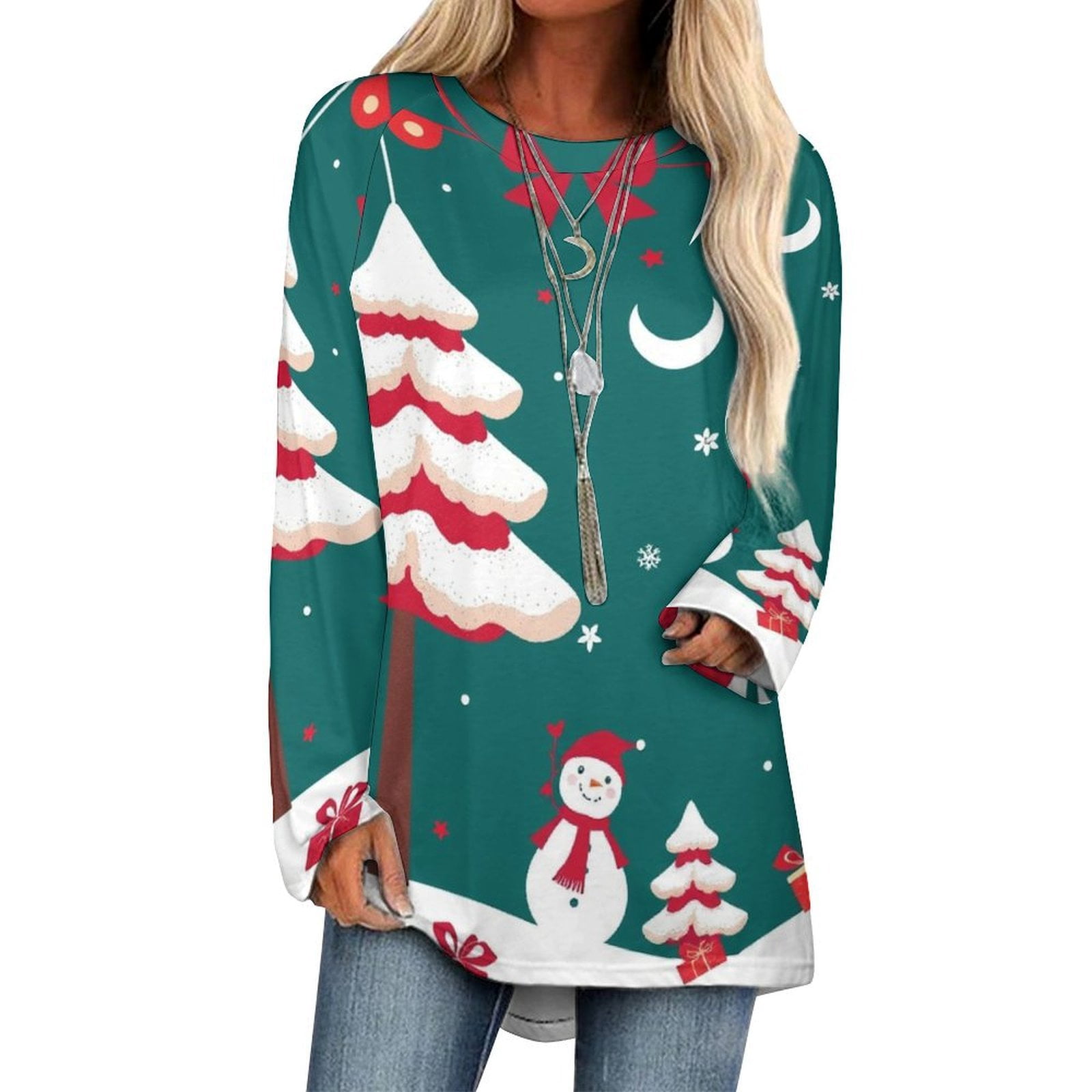 Casual Long Sleeve Crew Neck T-Shirt Women's Merry Christmas Scene ...
