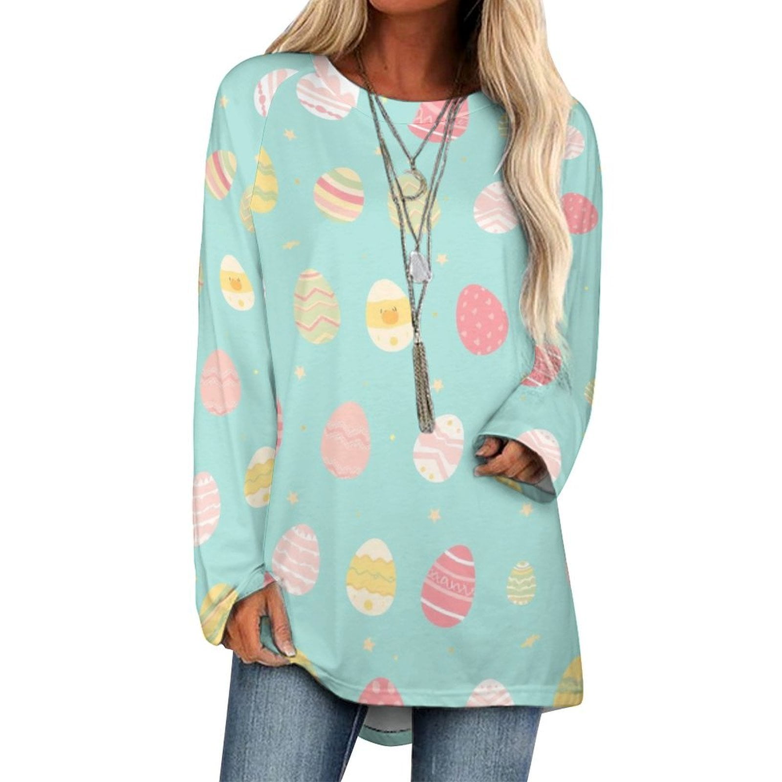 Casual Long Sleeve Crew Neck T-Shirt Women's Pastel Easter Eggs Pattern ...