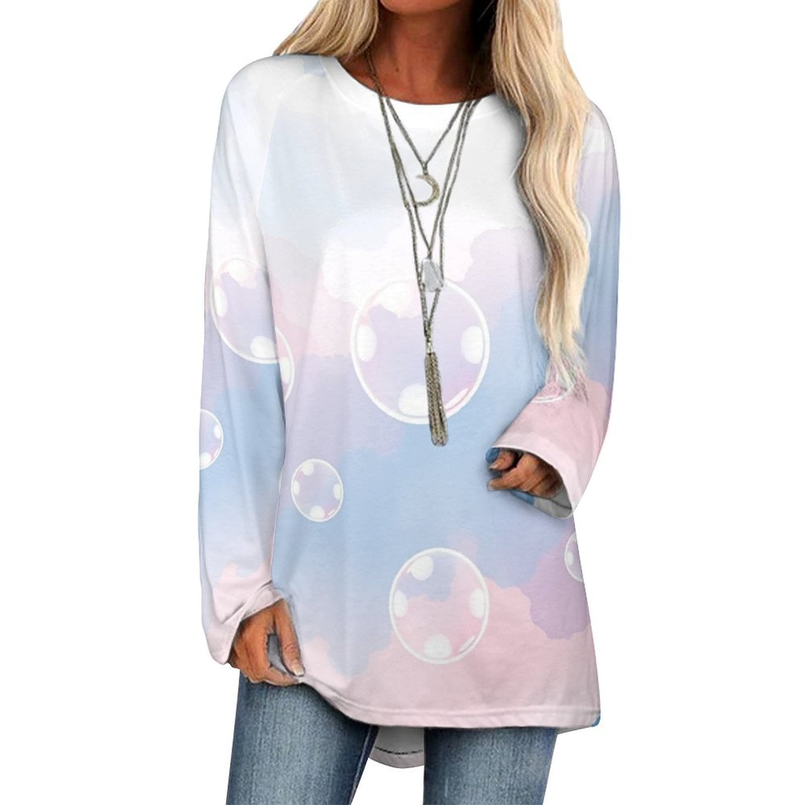 Casual Long Sleeve Crew Neck T-Shirt Women's Pastel Sky Bubbles Spring ...