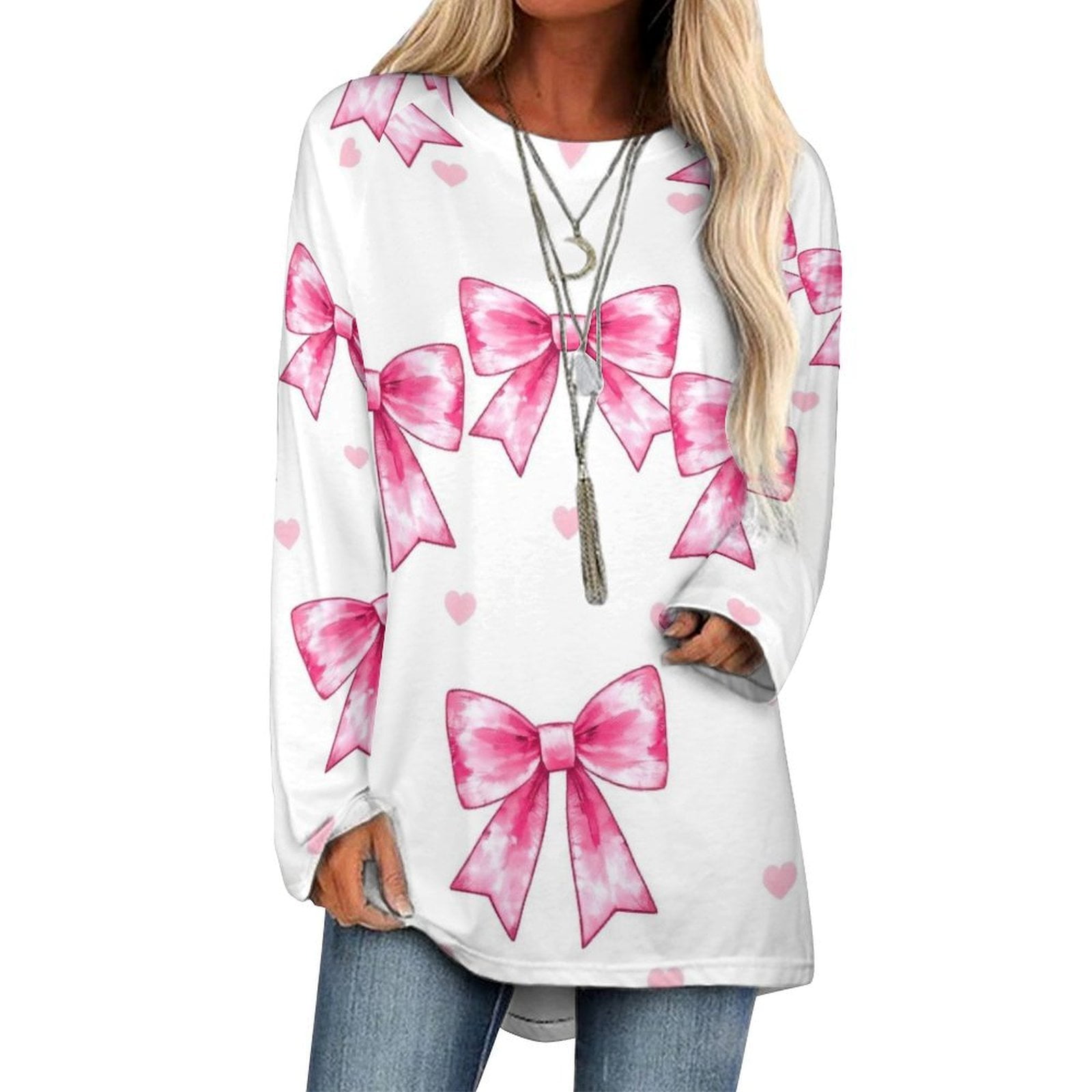 Casual Long Sleeve Crew Neck T-Shirt Women's Pink Bows Hearts Pattern ...