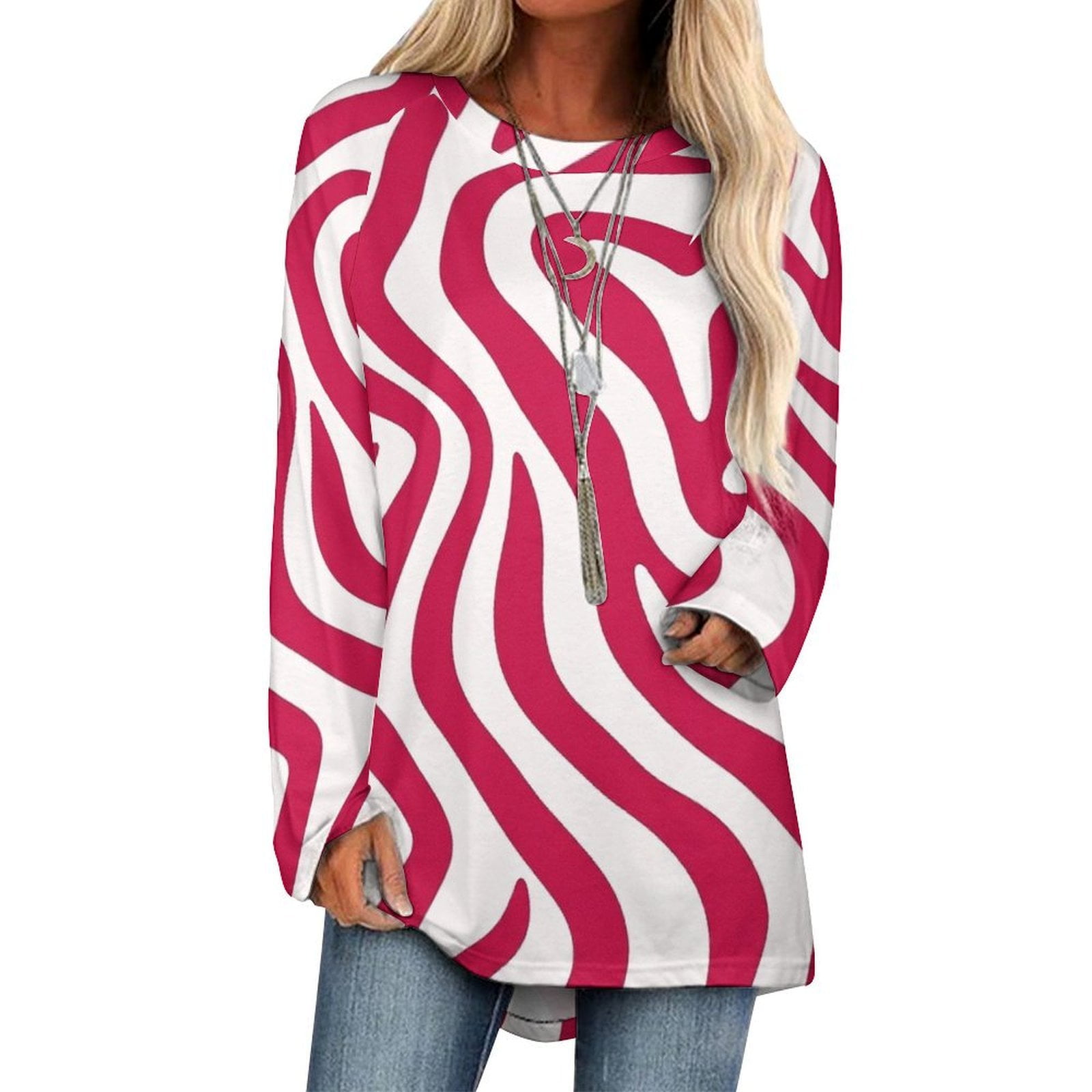 Casual Long Sleeve Crew Neck T-Shirt Women's Pink Wavy Pattern Spring ...