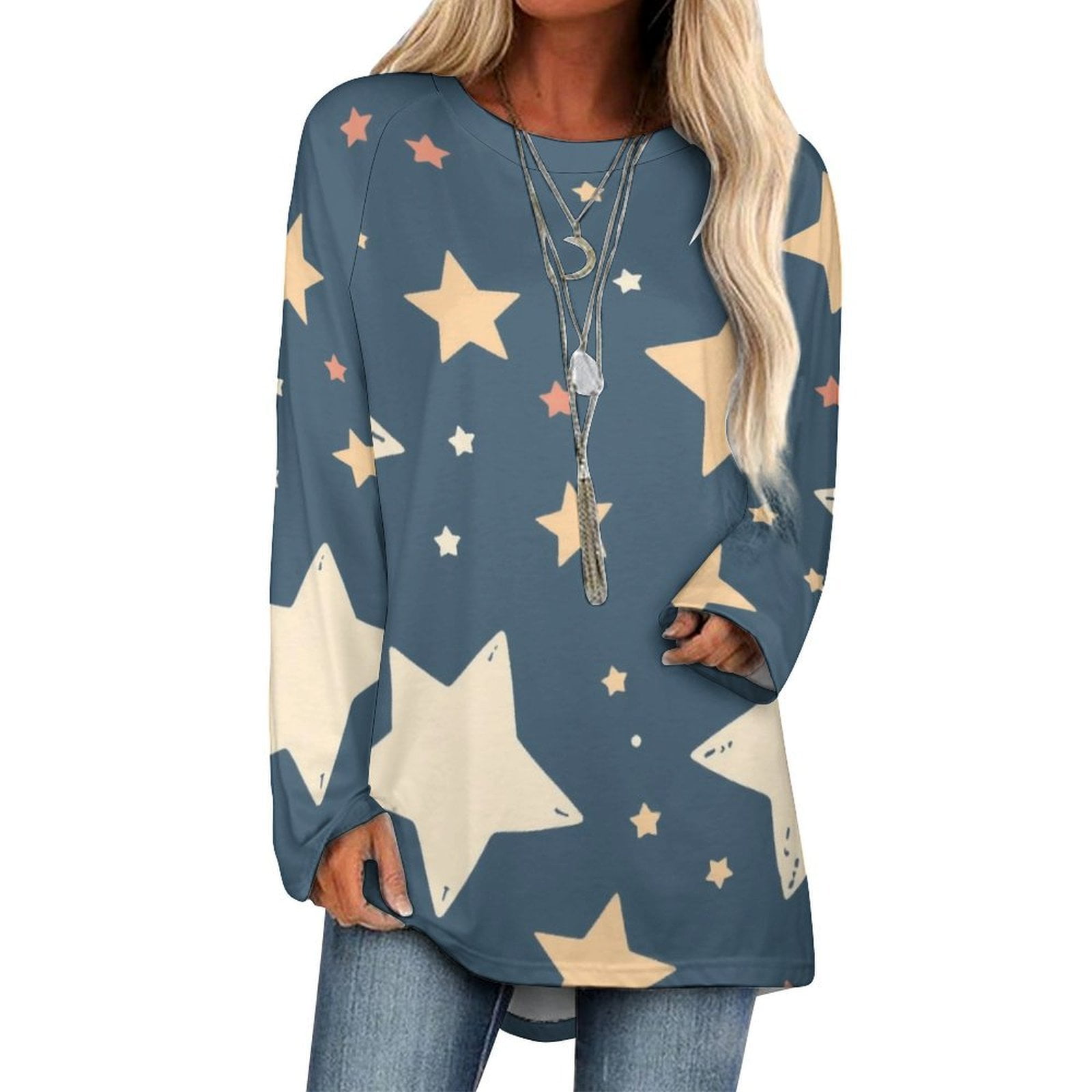 Casual Long Sleeve Crew Neck T-Shirt Women's Starry Night Pattern ...