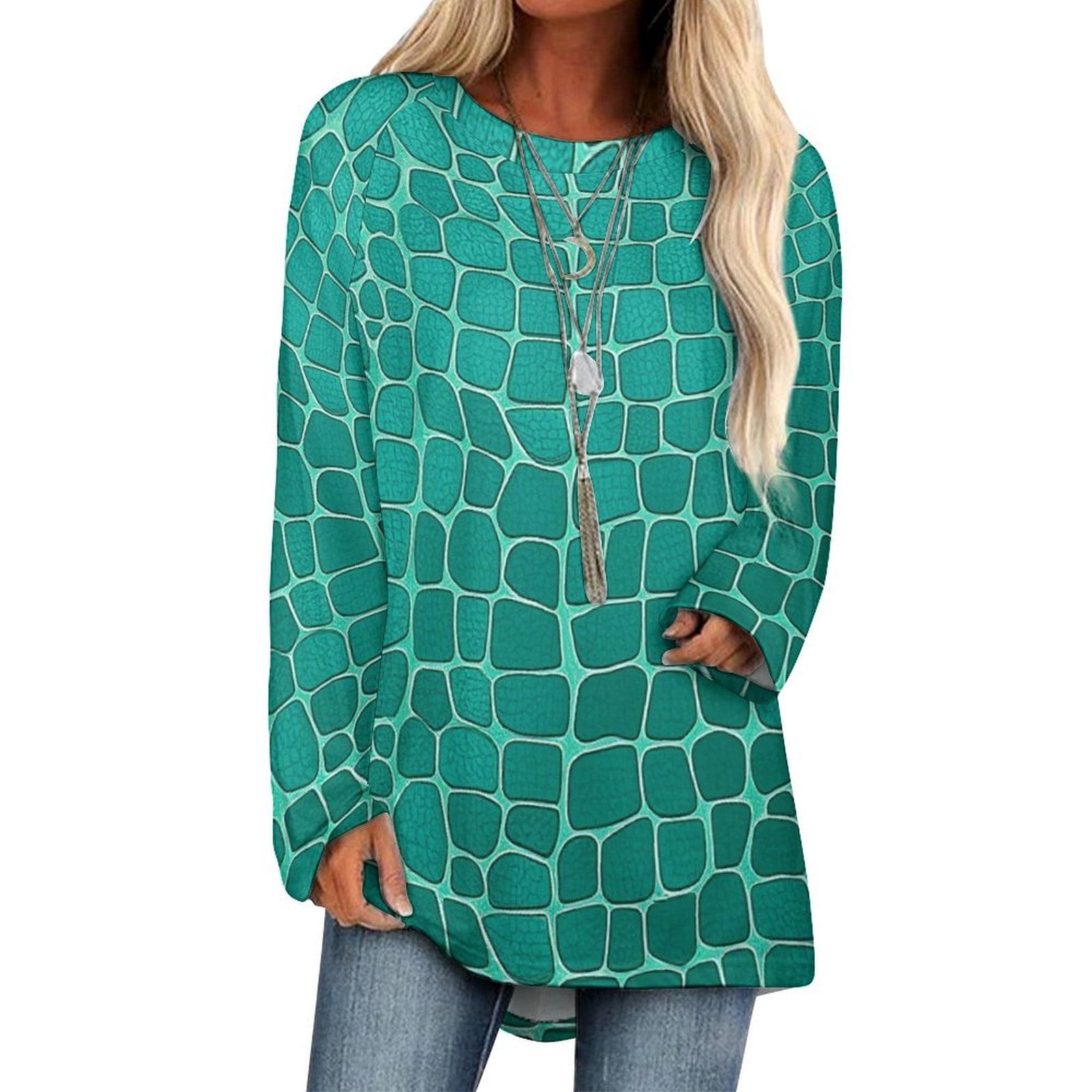 Casual Long Sleeve Crew Neck T-Shirt Women's Teal Reptile Skin Spring ...