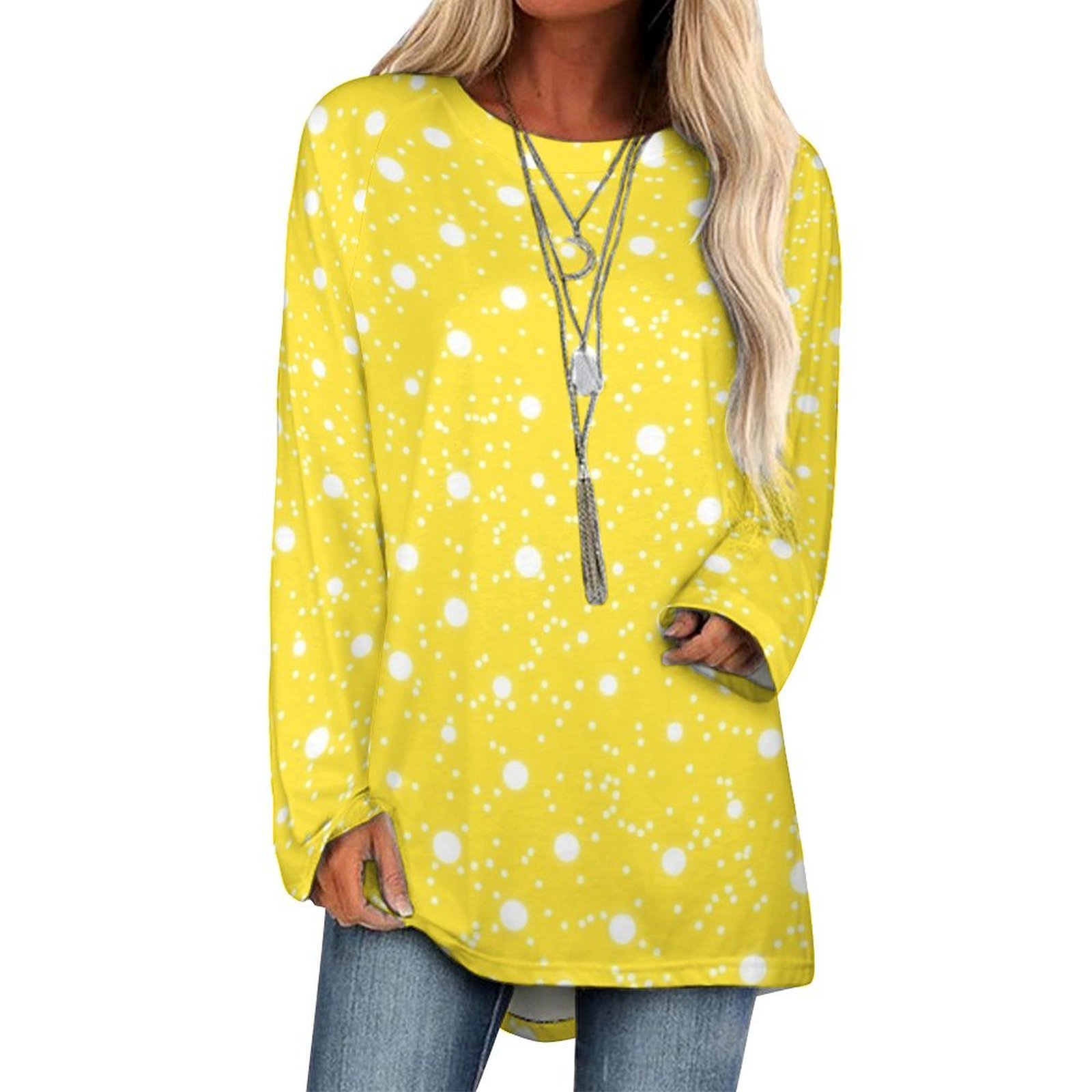 Casual Long Sleeve Crew Neck T-Shirt Women's Yellow White Polka Dots ...