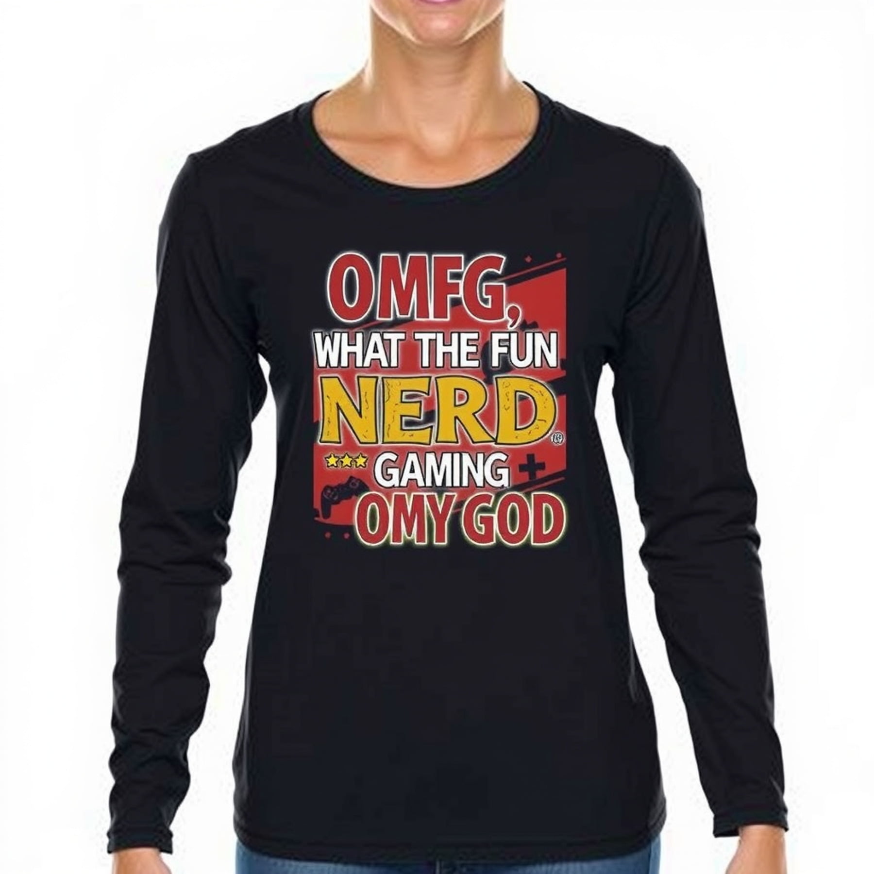 Casual Long Sleeve Graphic T-Shirt for Gamers "OMFG, WHAT THE FUN NERD ...