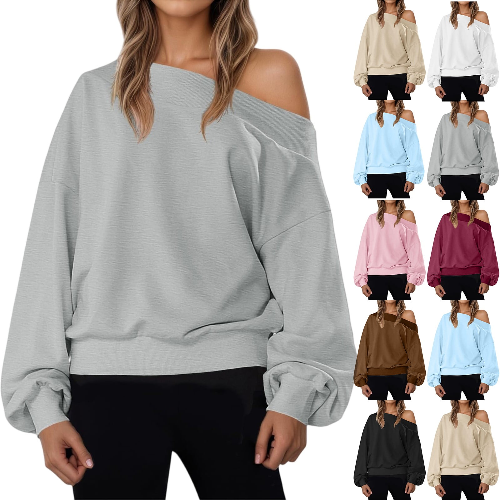 Casual Long Sleeve Loose Fit Fall Pullover Off Shoulder Tops for Women ...