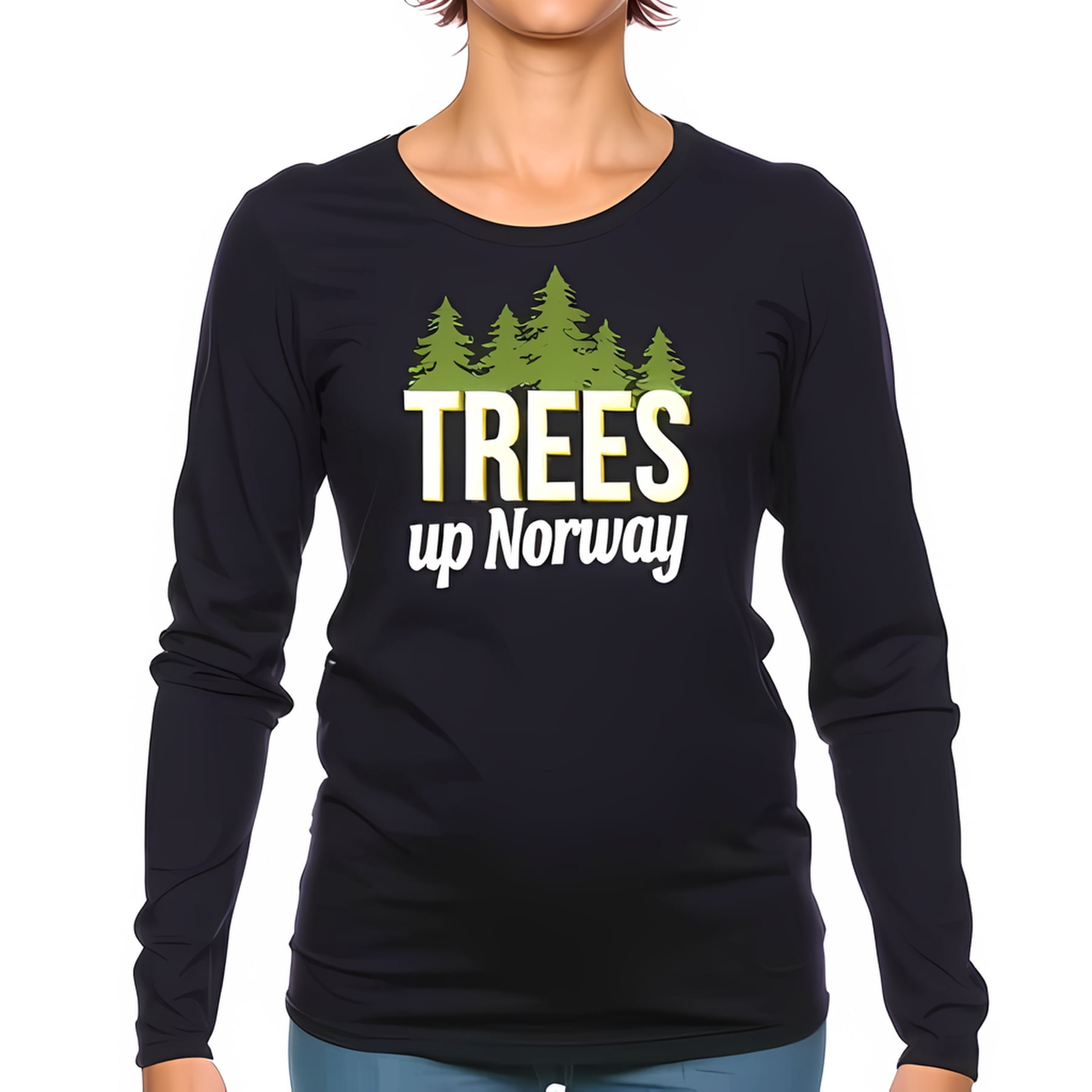 Casual Long Sleeve T-Shirt for Women - Navy Blue with Trees Graphic ...