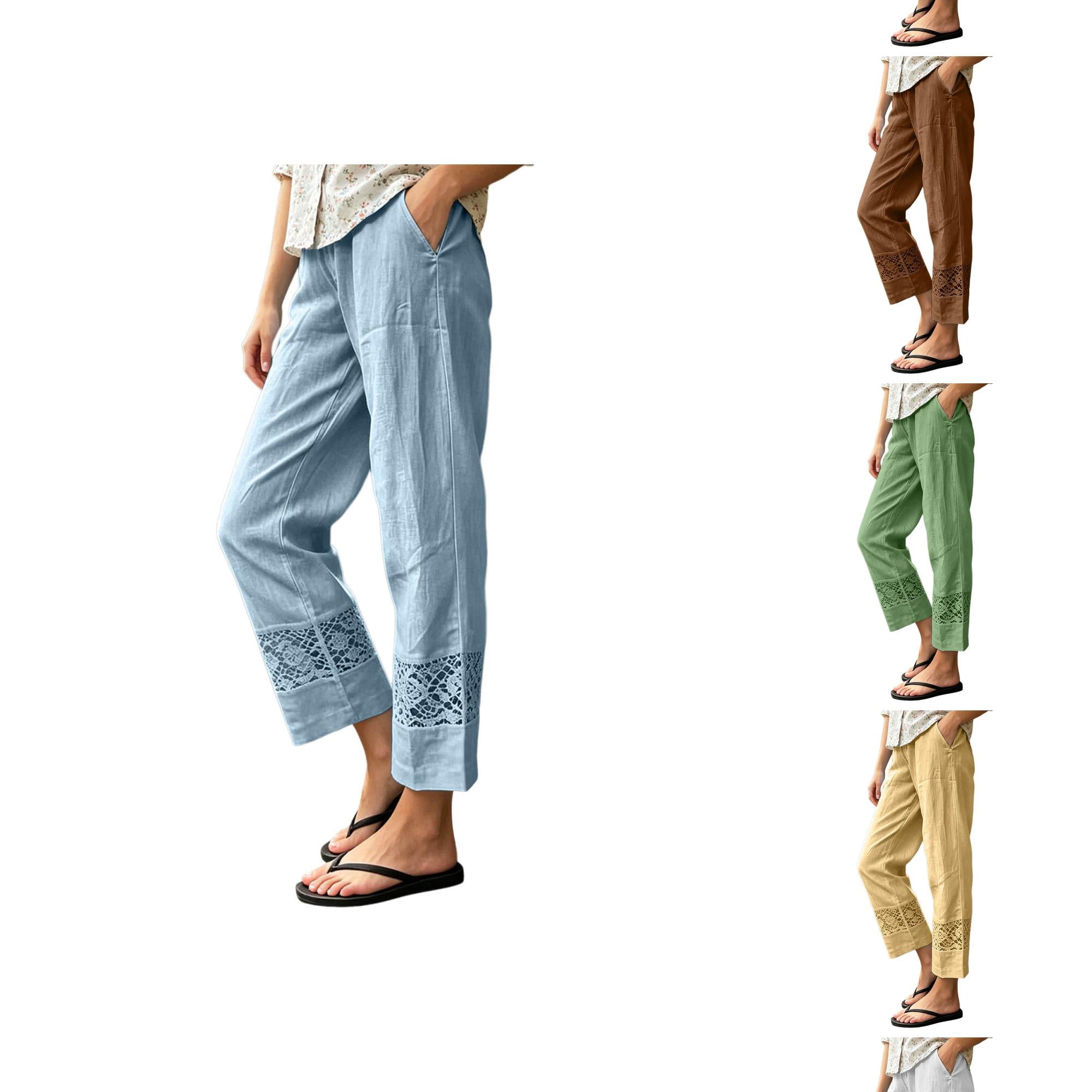 Casual Loose Fit Cropped Pants With Lace Trim Solid Color Ankle Length ...