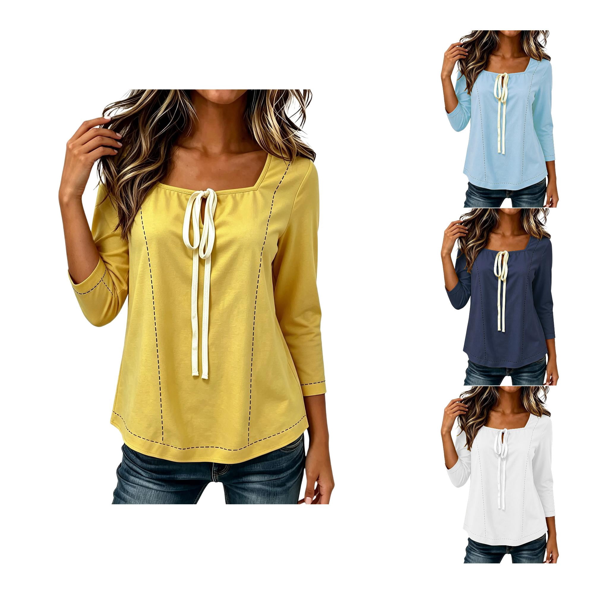 Casual Loose Fit Printed Tie Front Square Neck Blouse for Daily Casual ...